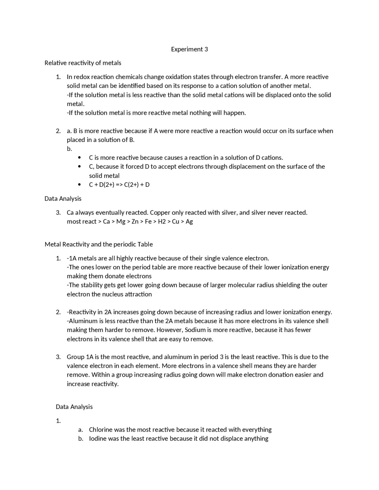 Relative Reactivity of Metals - Experiment 3 | CHEM 136 | Study notes ...