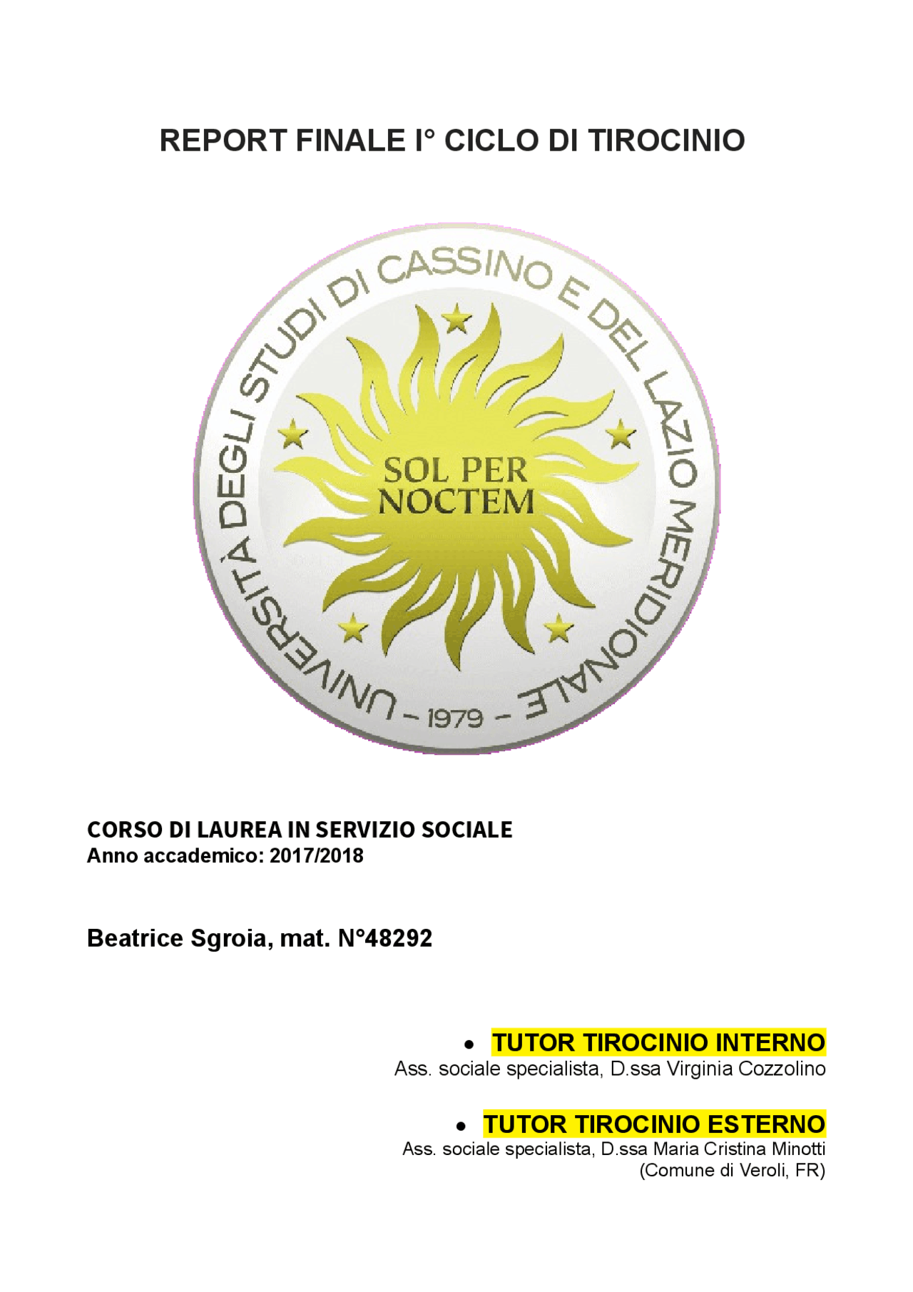Relazione Finale Tirocinio Comune Servizio Sociale Tesine