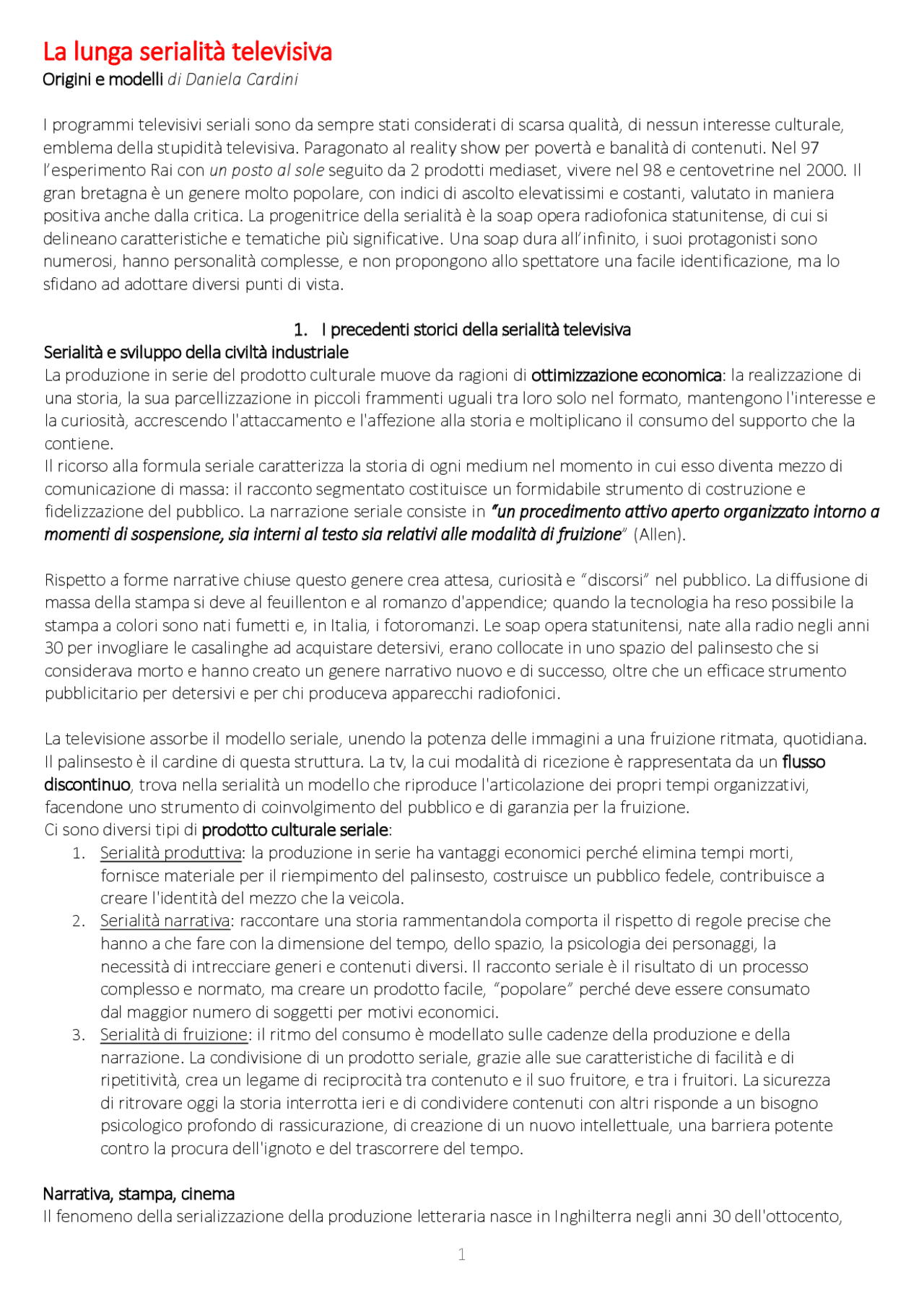 Riassunto La Lunga Setialità Televisiva Docsity