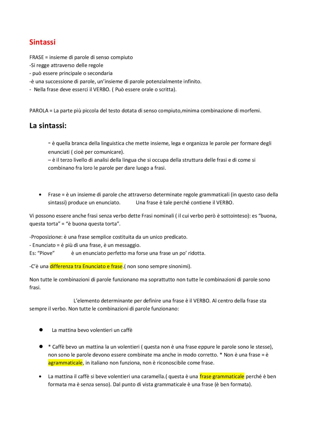 Schemi Riassuntivi Di Concetti Di Sintassi Linguistica Docsity