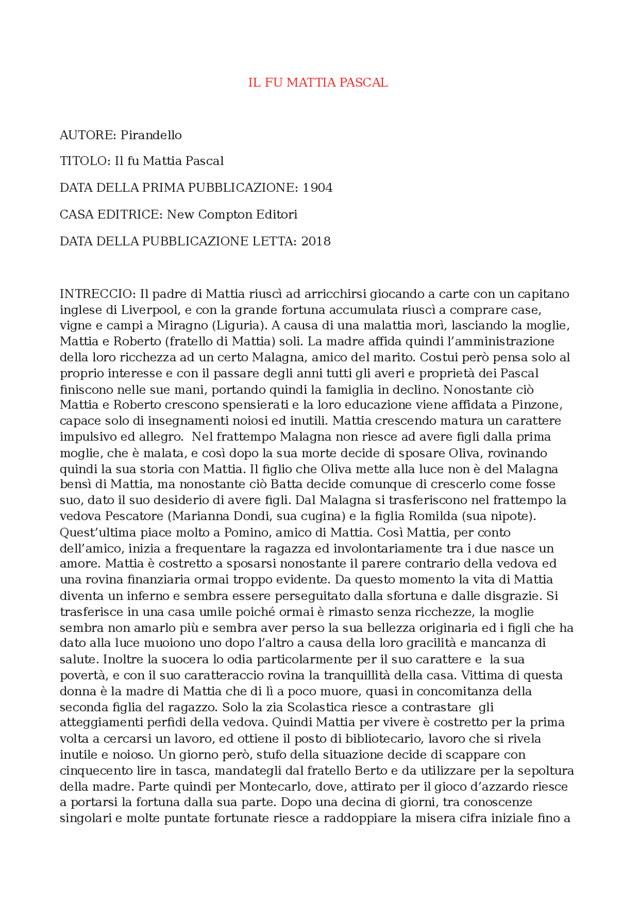 Il Fu Mattia Pascal Di Pirandello Docsity