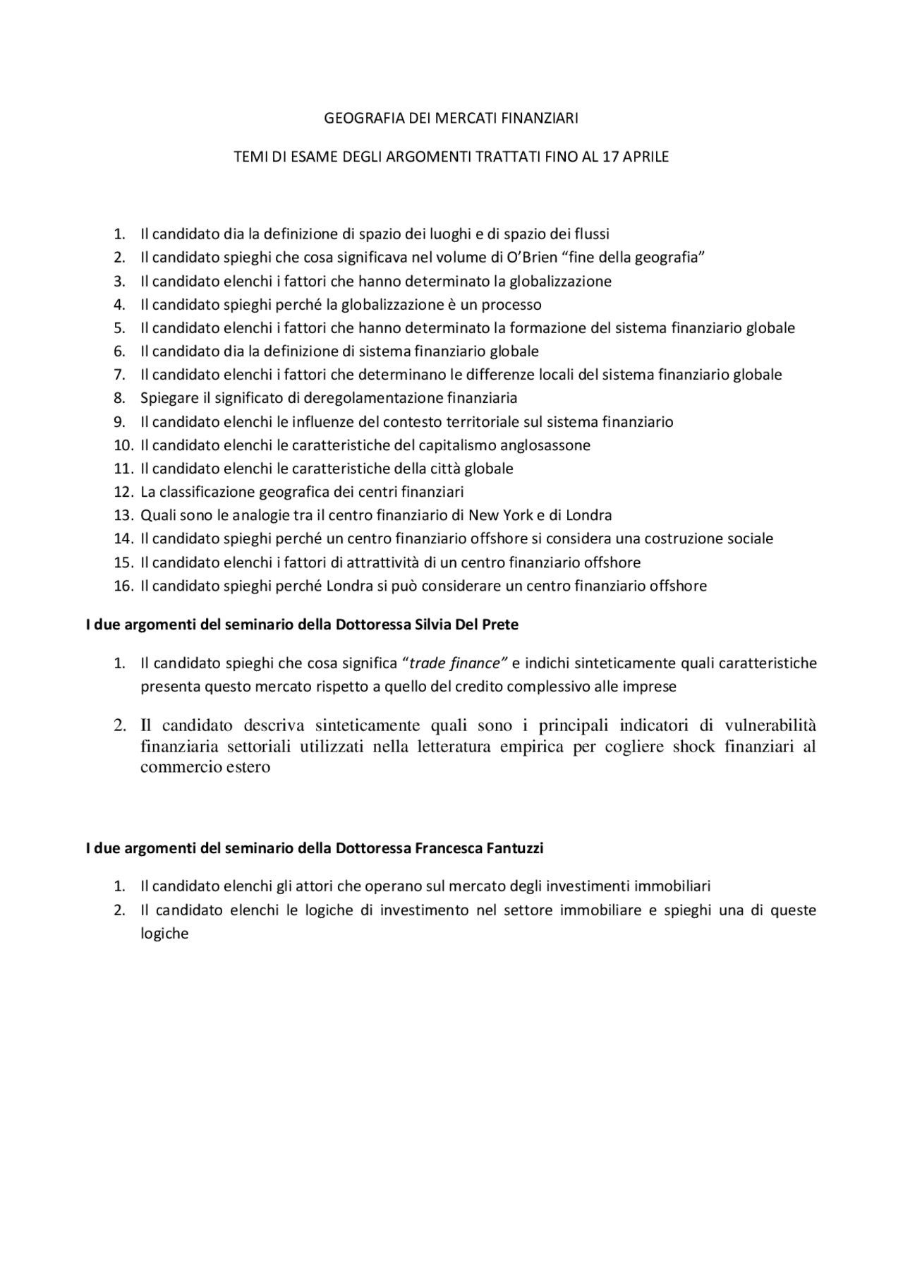 Geografia Finanziaria Docsity