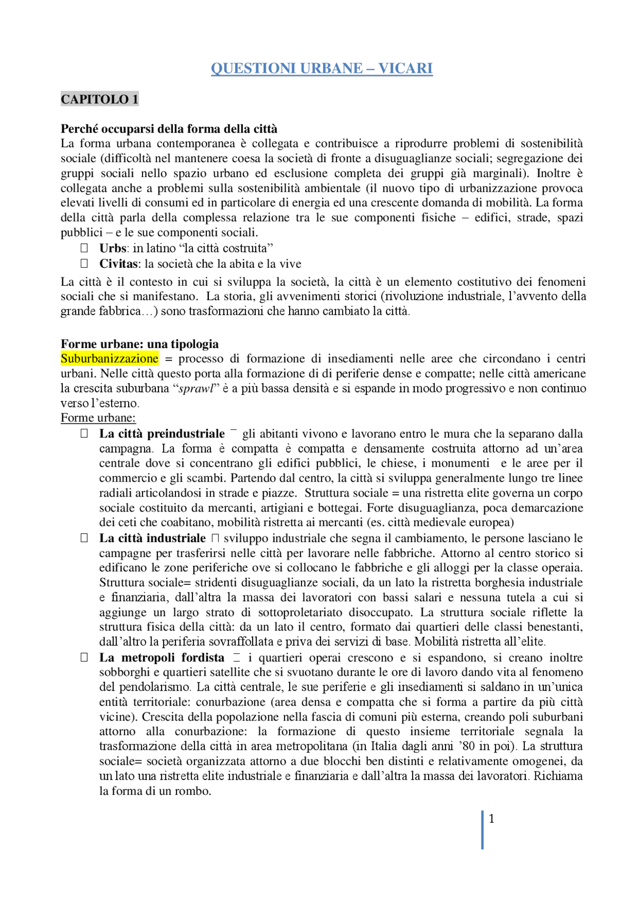 Riassunto Libro Questioni Urbane Di S Vicari Haddock Schemi E