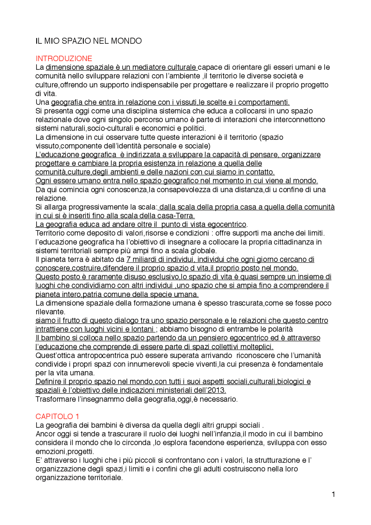 Riassunti "Il Mio Spazio nel Mondo" - Docsity