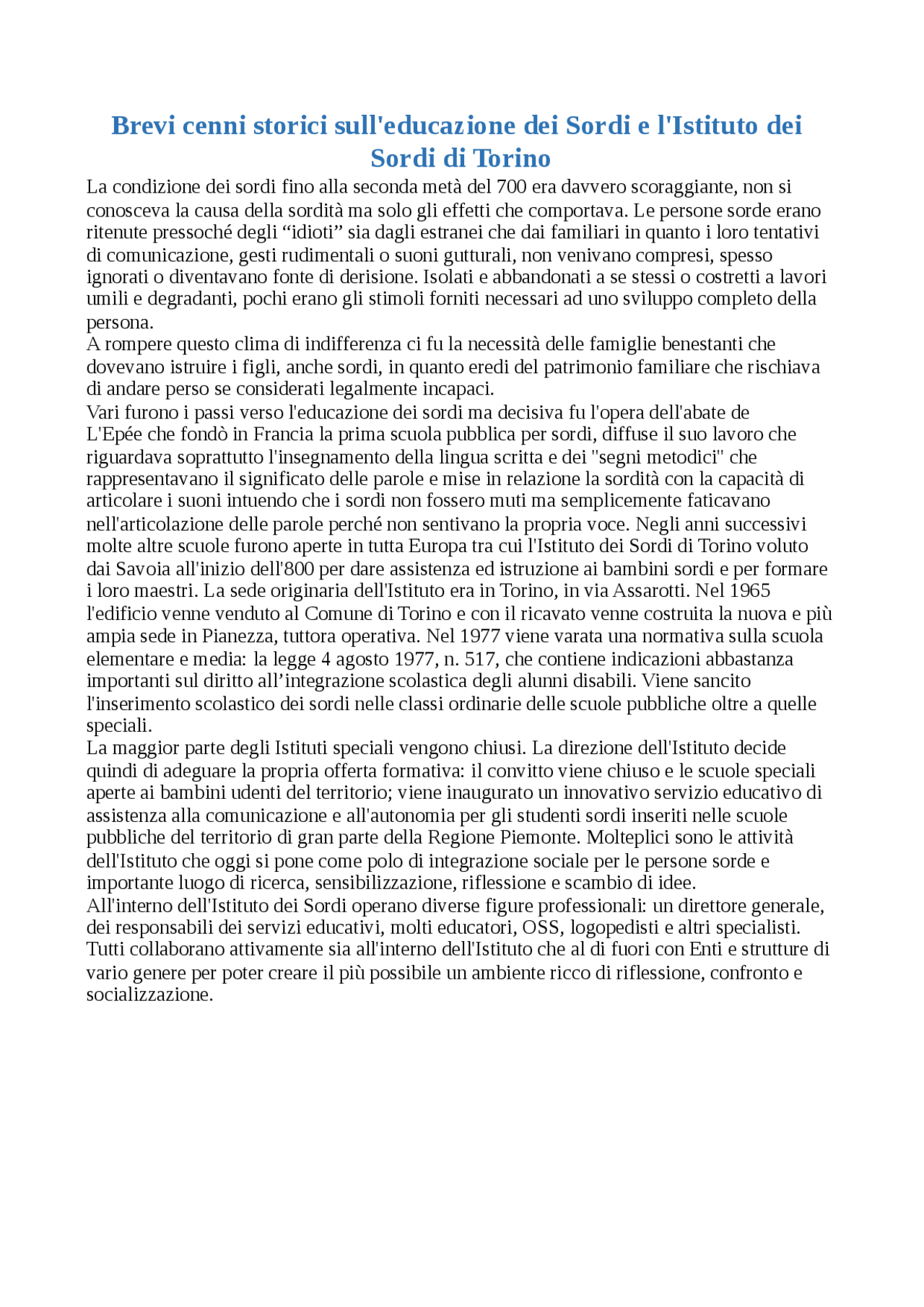 Brevi cenni storici sull'educazione dei Sordi e l'Istituto dei Sordi di ...