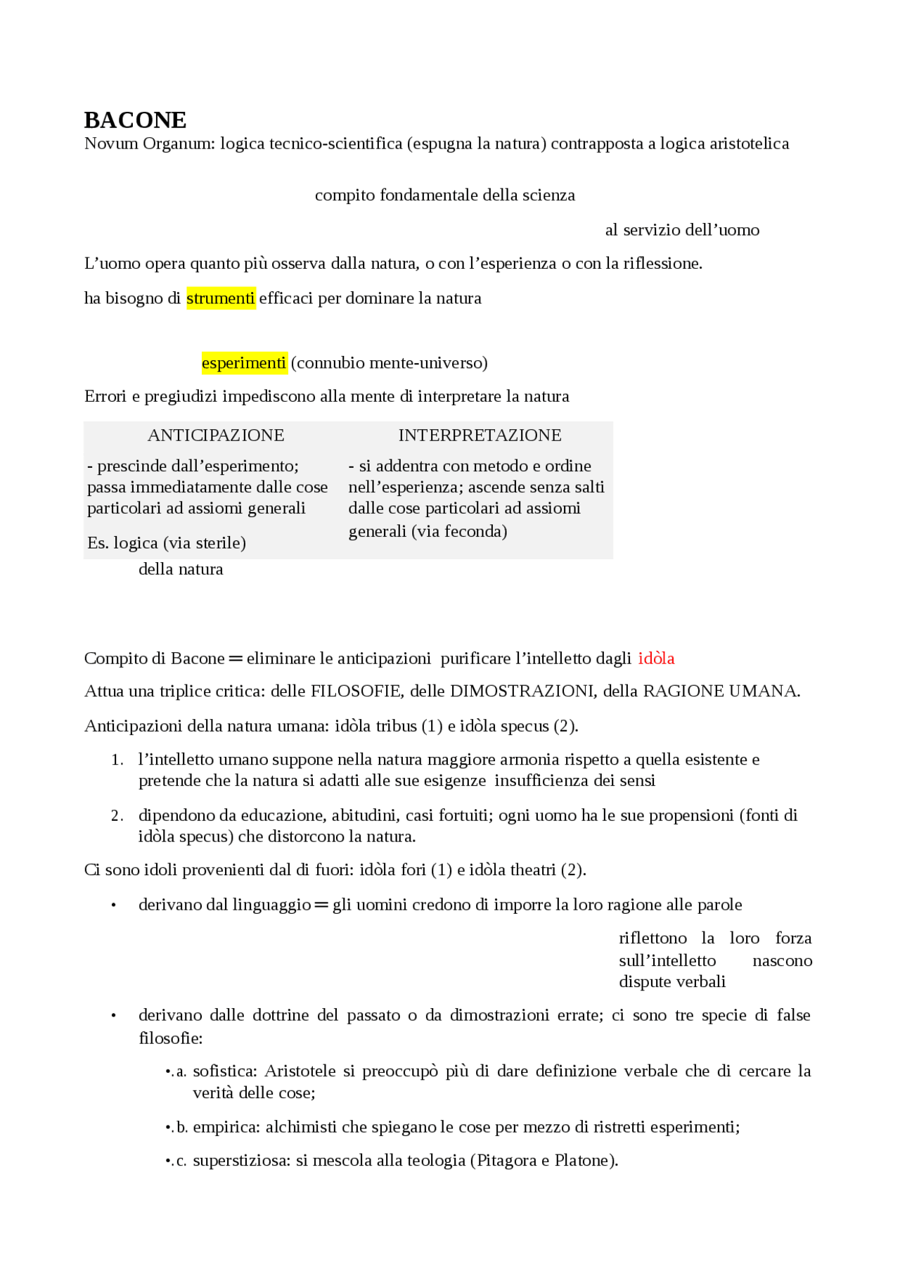 Sintesi Di Bacone Fornero Abbagnano Docsity