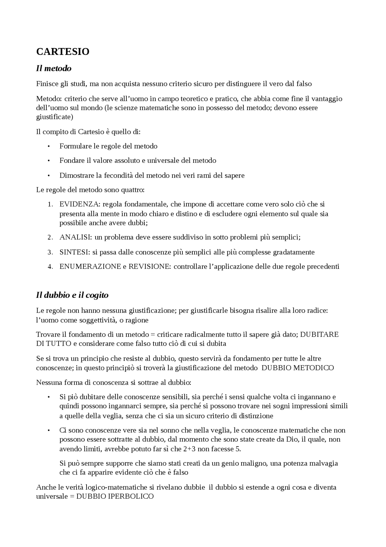 Sintesi Cartesio Dal Fornero Abbagnano Docsity