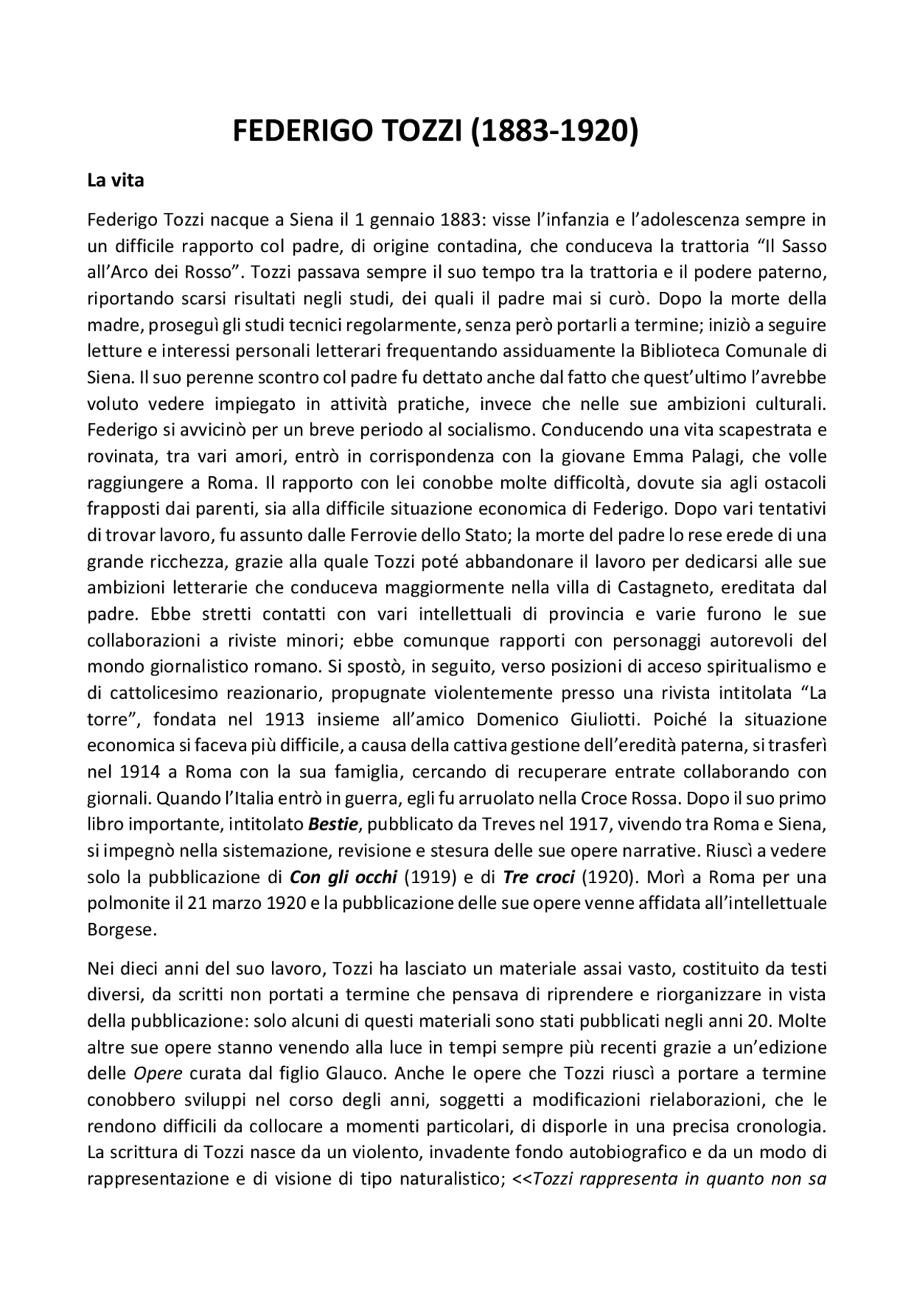 Federigo Tozzi vita e opere | Appunti di Letteratura Italiana | Docsity