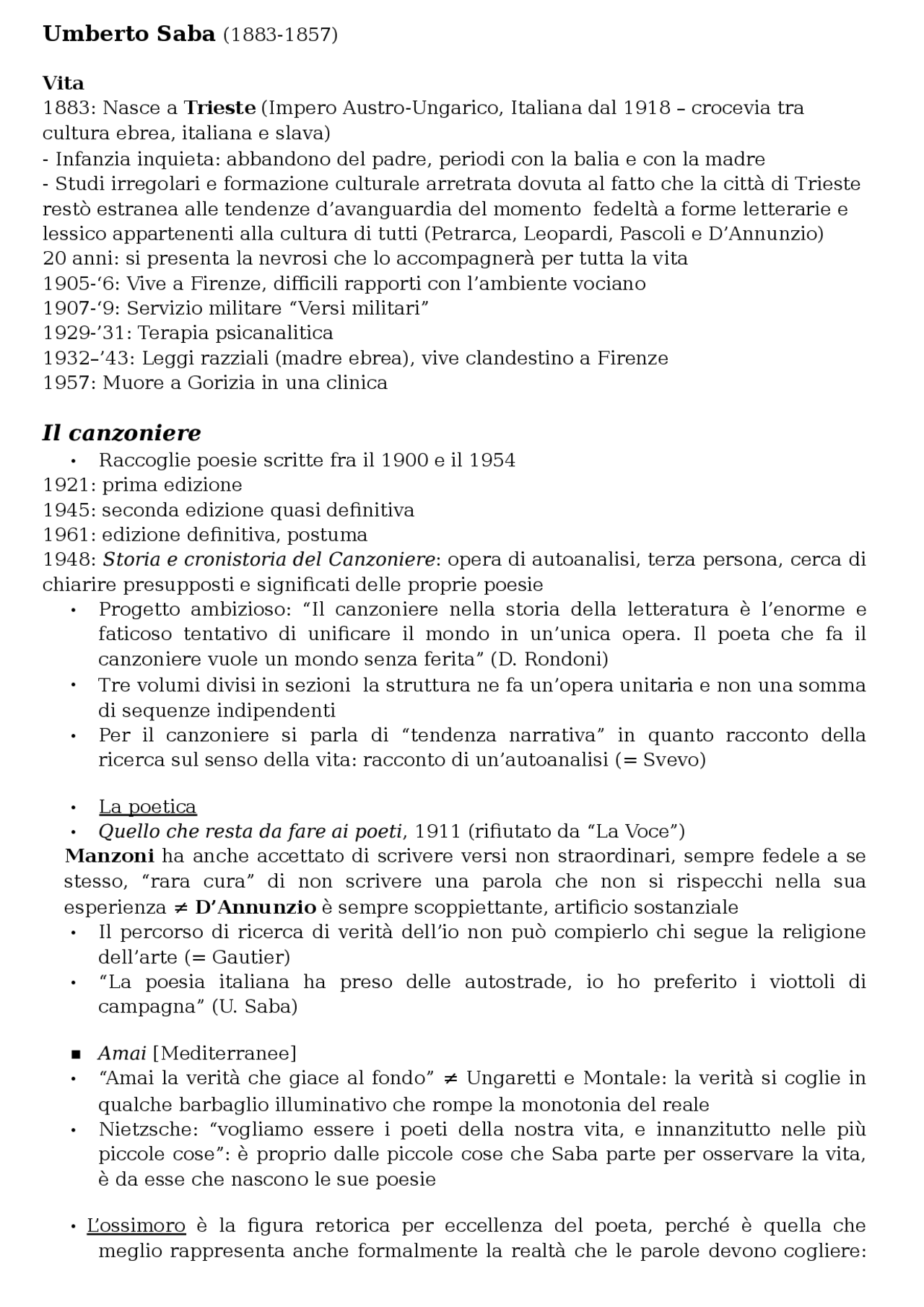 Umberto Saba Vita E Opere Docsity