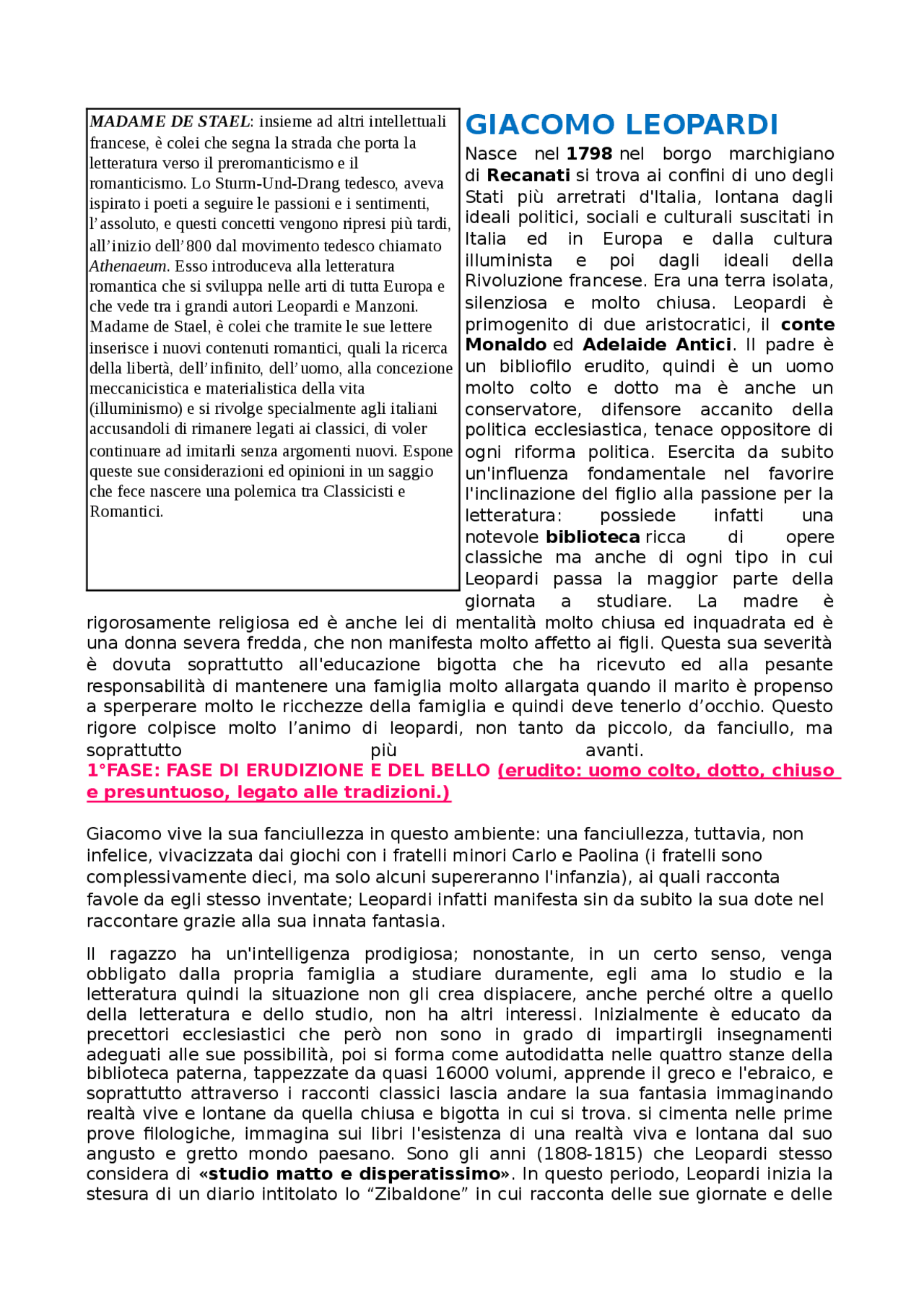 Letteratura: Leopardi e Manzoni + opere importanti - Docsity
