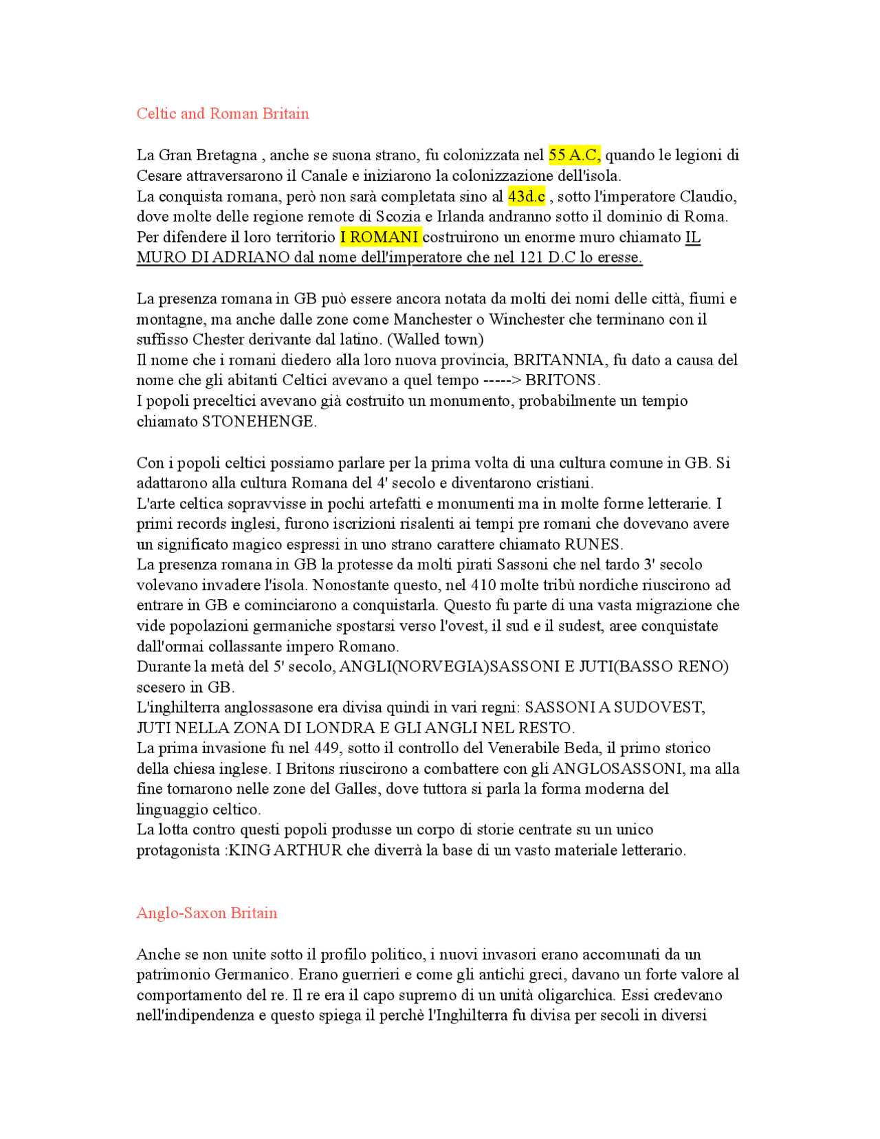 Letteratura Inglese 1 Primo Semestre Docsity