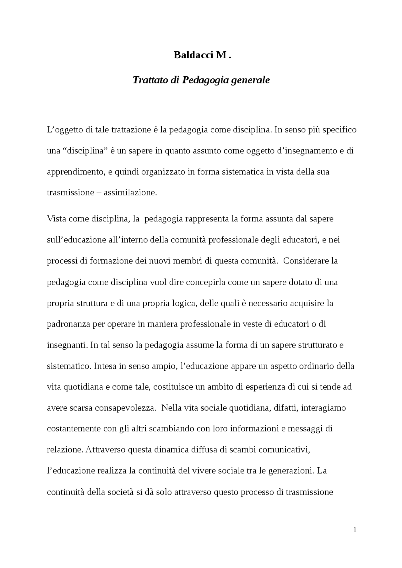 Baldacci M Trattato Di Pedagogia Generale Docsity