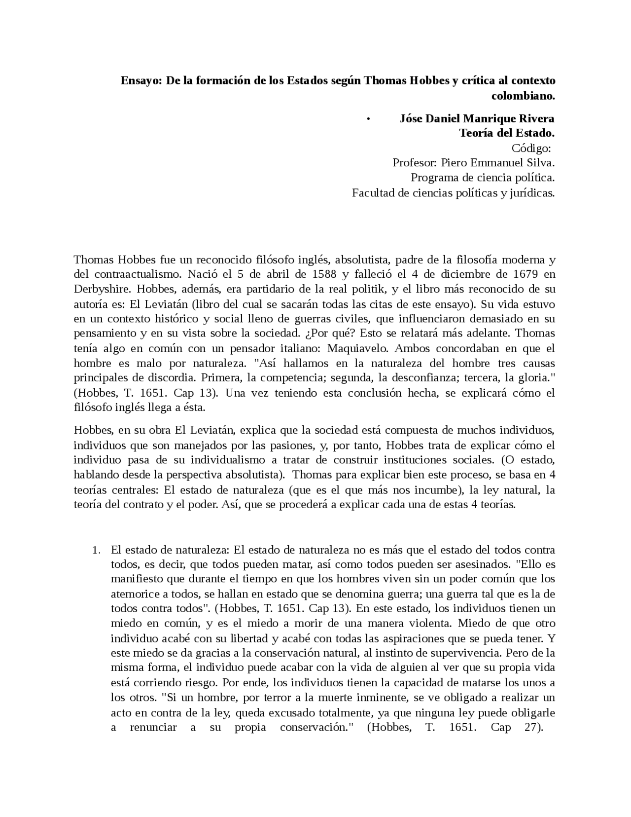 Thomas Hobbes en el contexto Colombiano. - Docsity