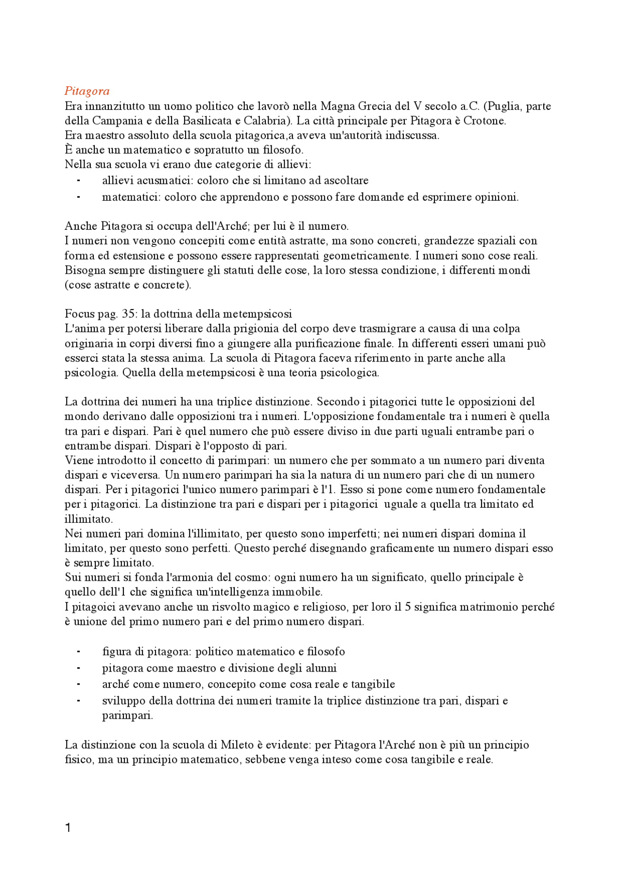 Appunti Su Pitagora E Pitagorici Docsity