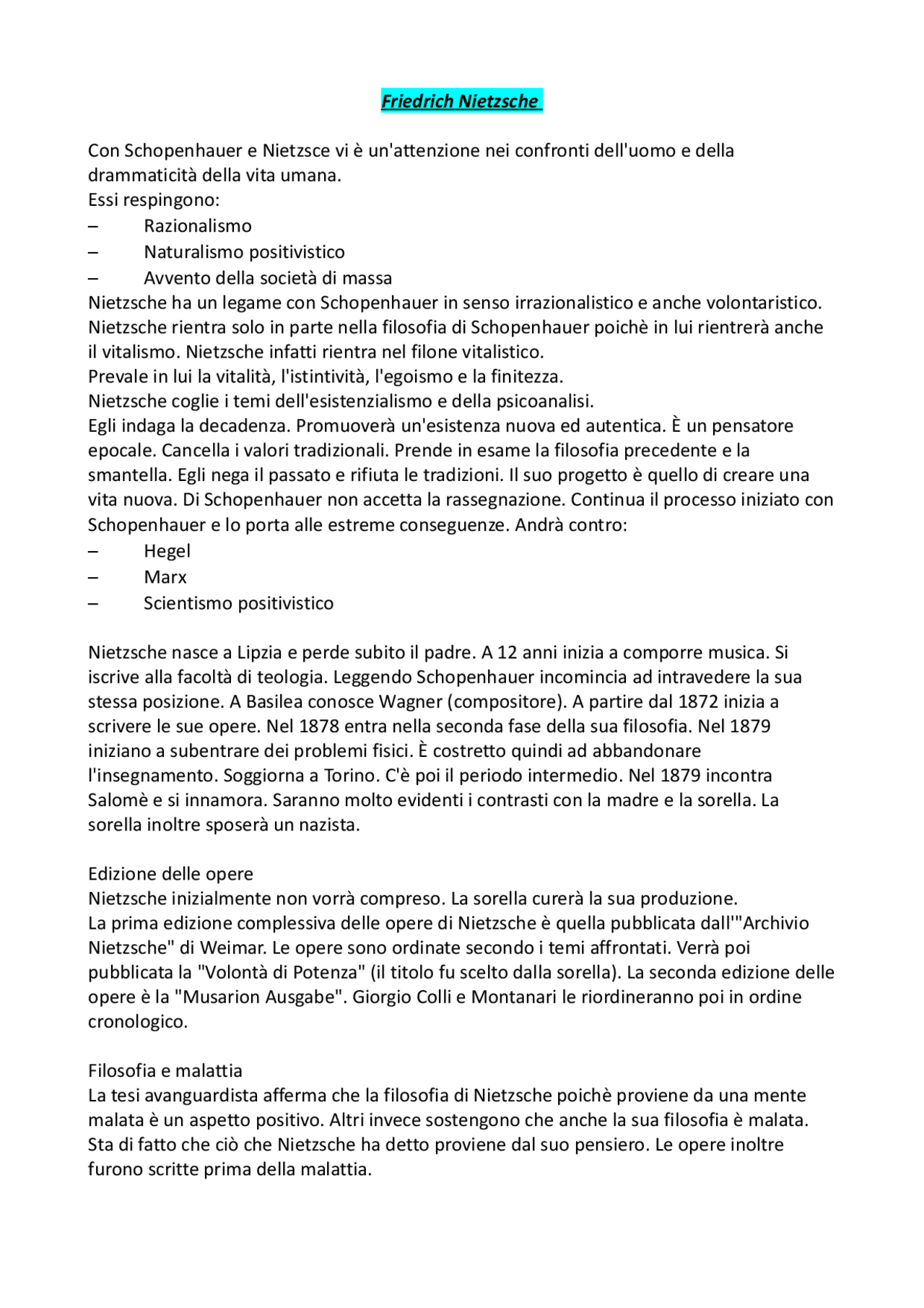 Friedrich Nietzsche Pensiero E Opere Docsity