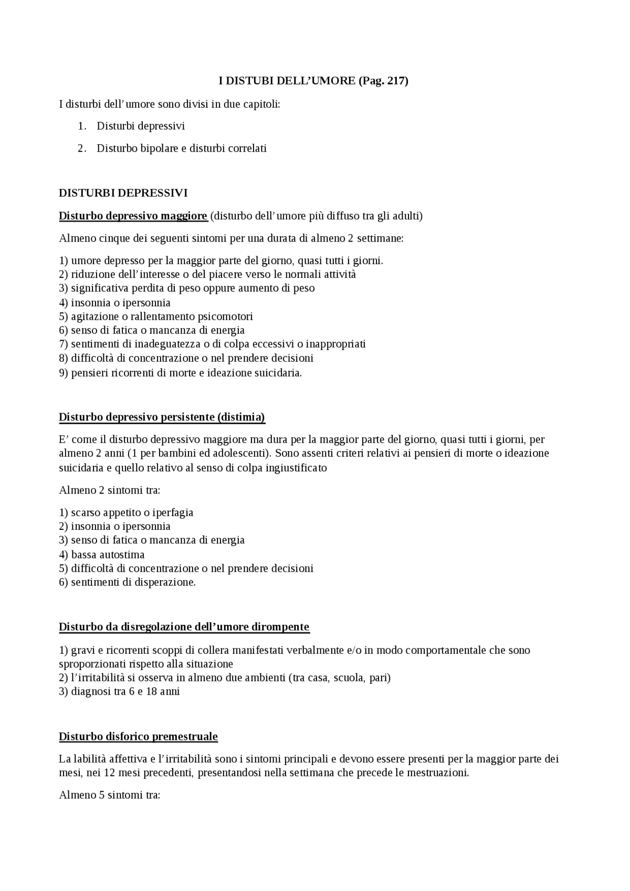 Criteri DSM per la diagnosi dei disturbi affettivi. - Docsity