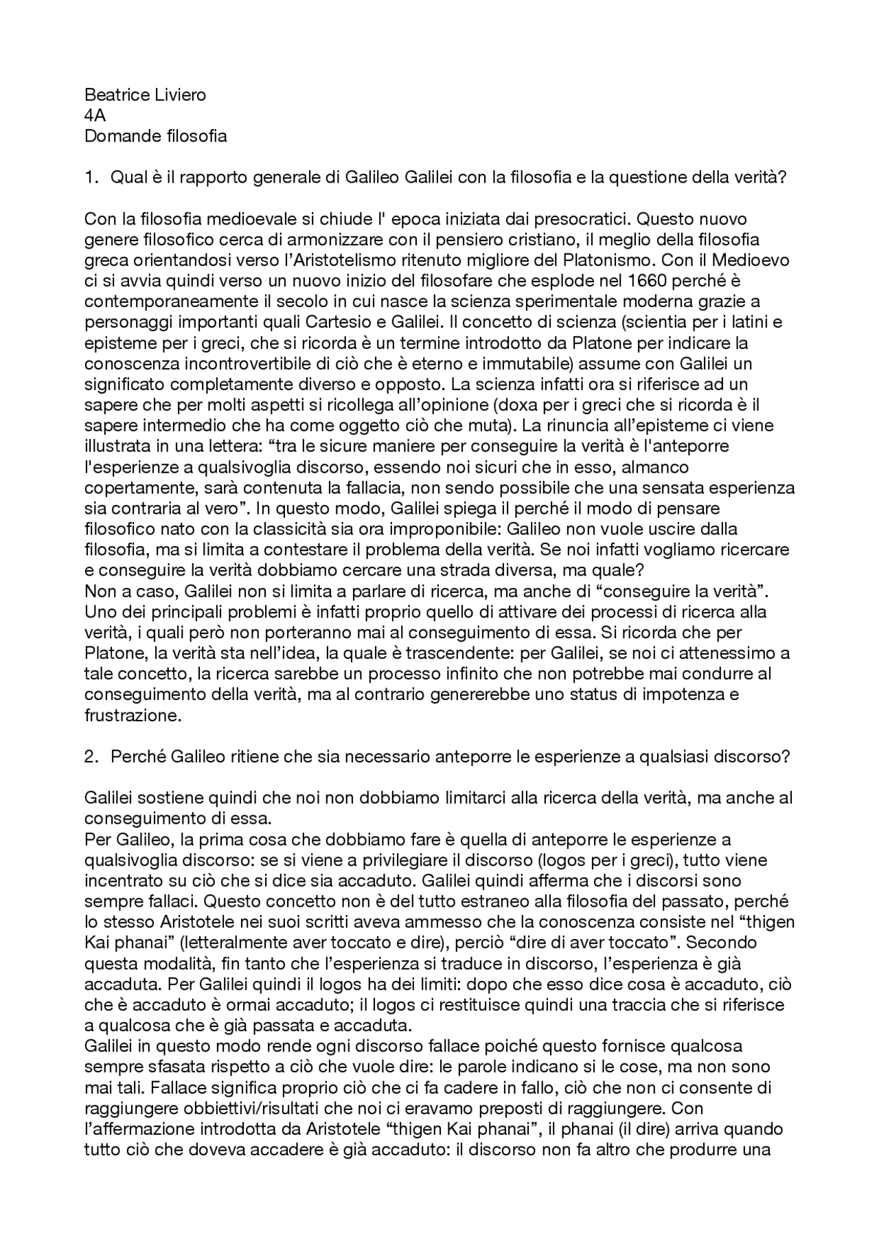 Galileo Galilei Metodo Scientifico Docsity