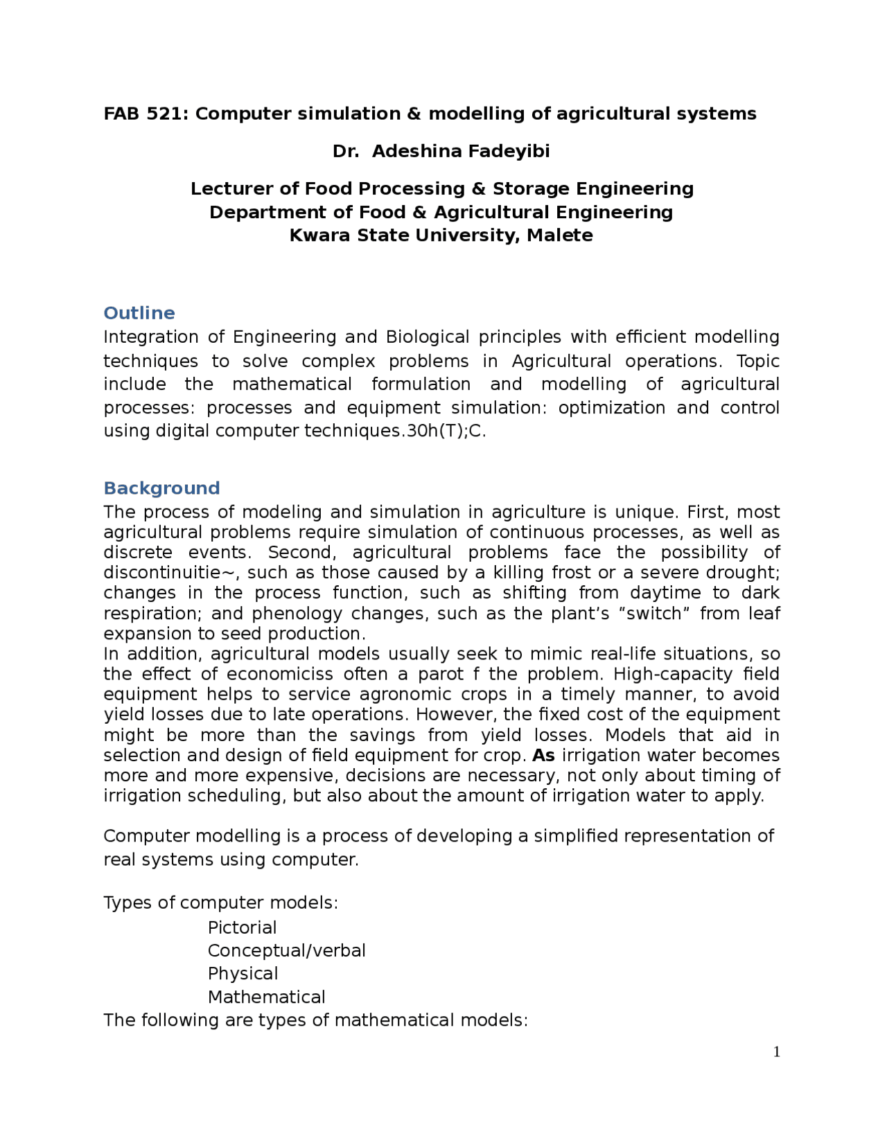 Computer Simulation And Modeling Of Agric Systems Docsity
