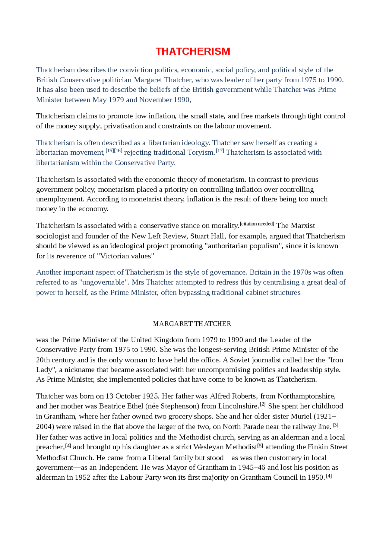 Thatcherism: riassunto essenziale - Docsity