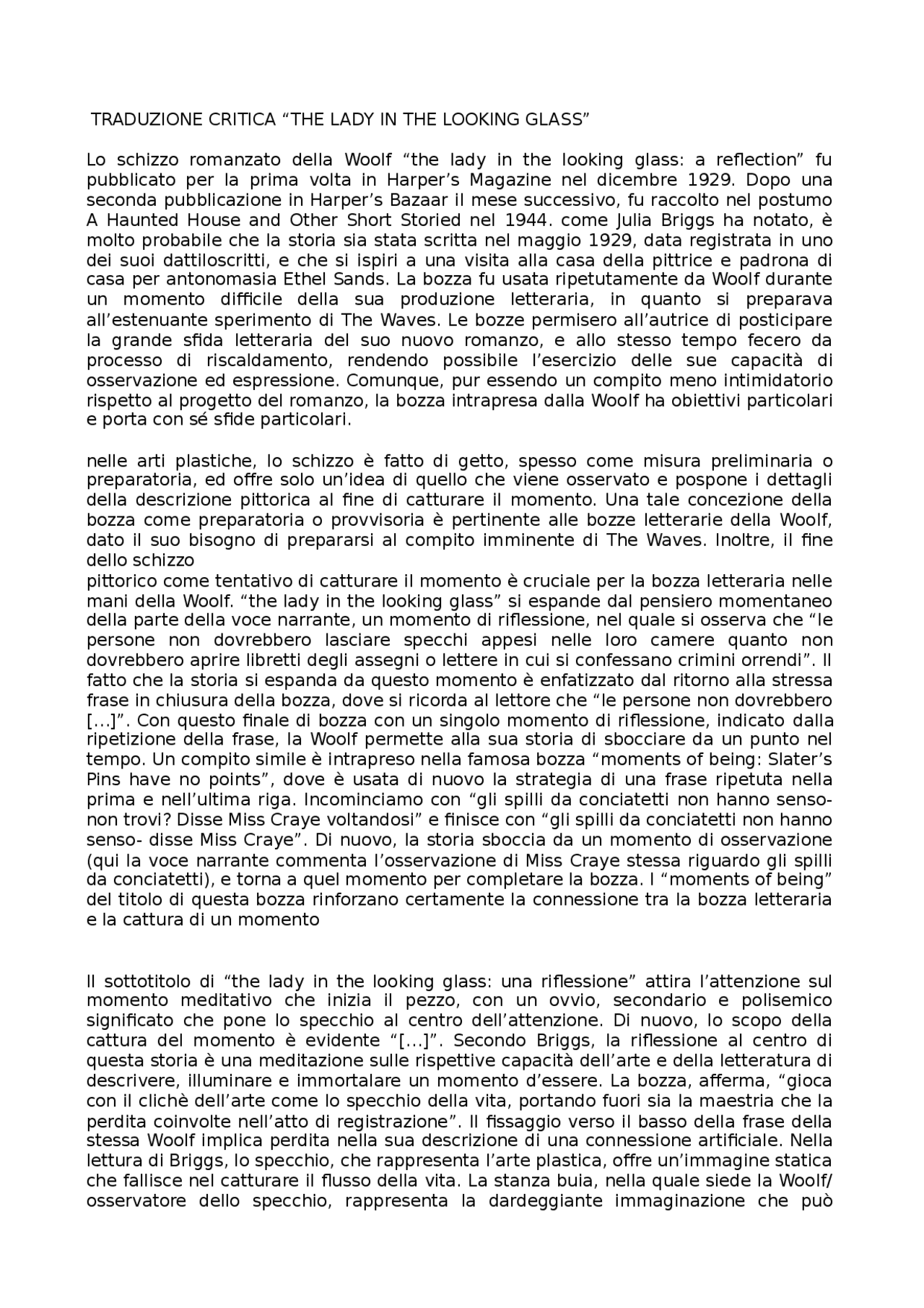 TRADUZIONE CRITICA “THE LADY IN THE LOOKING GLASS” - Docsity