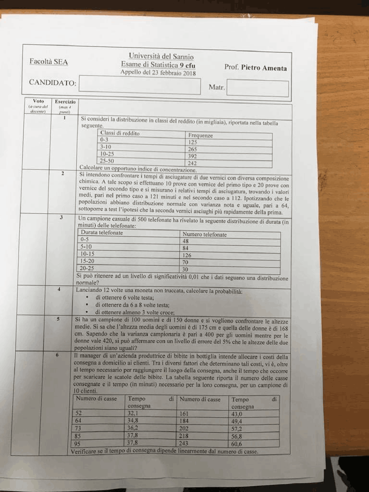 Prova Esame Di Statistica Prove Desame Di Statistica Docsity