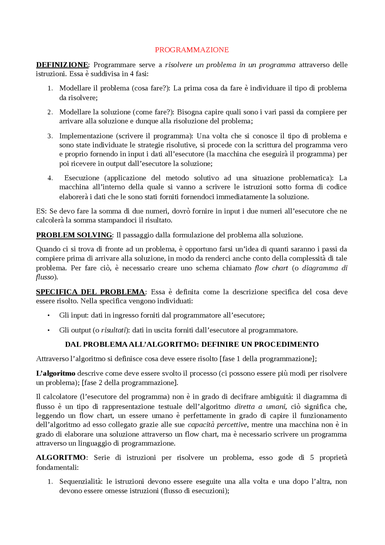 Programmazione - Dal problema all'algoritmo | Appunti di Elementi di Informatica | Docsity
