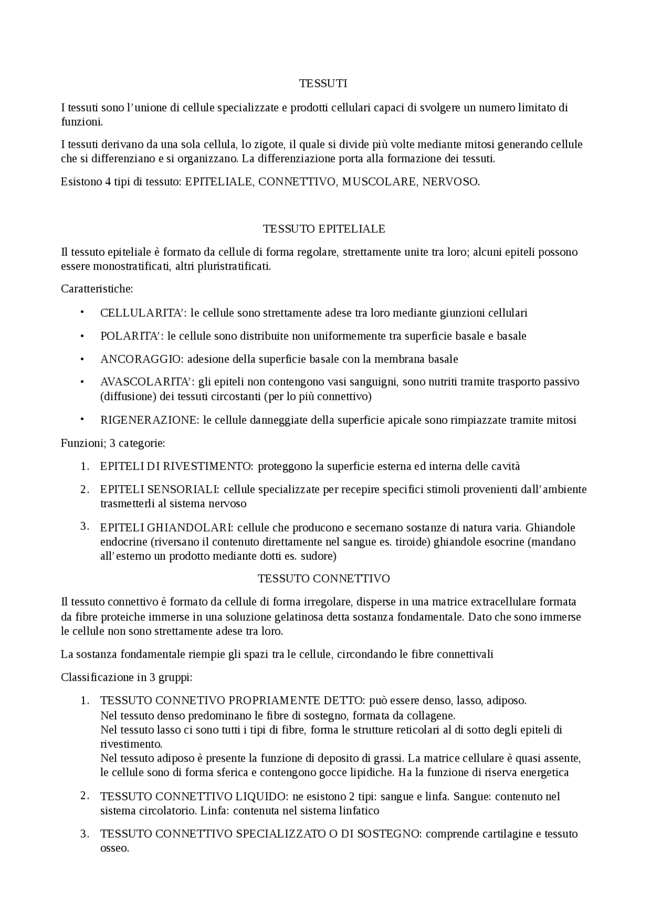 I Tessuti Appunti Scienze Docsity