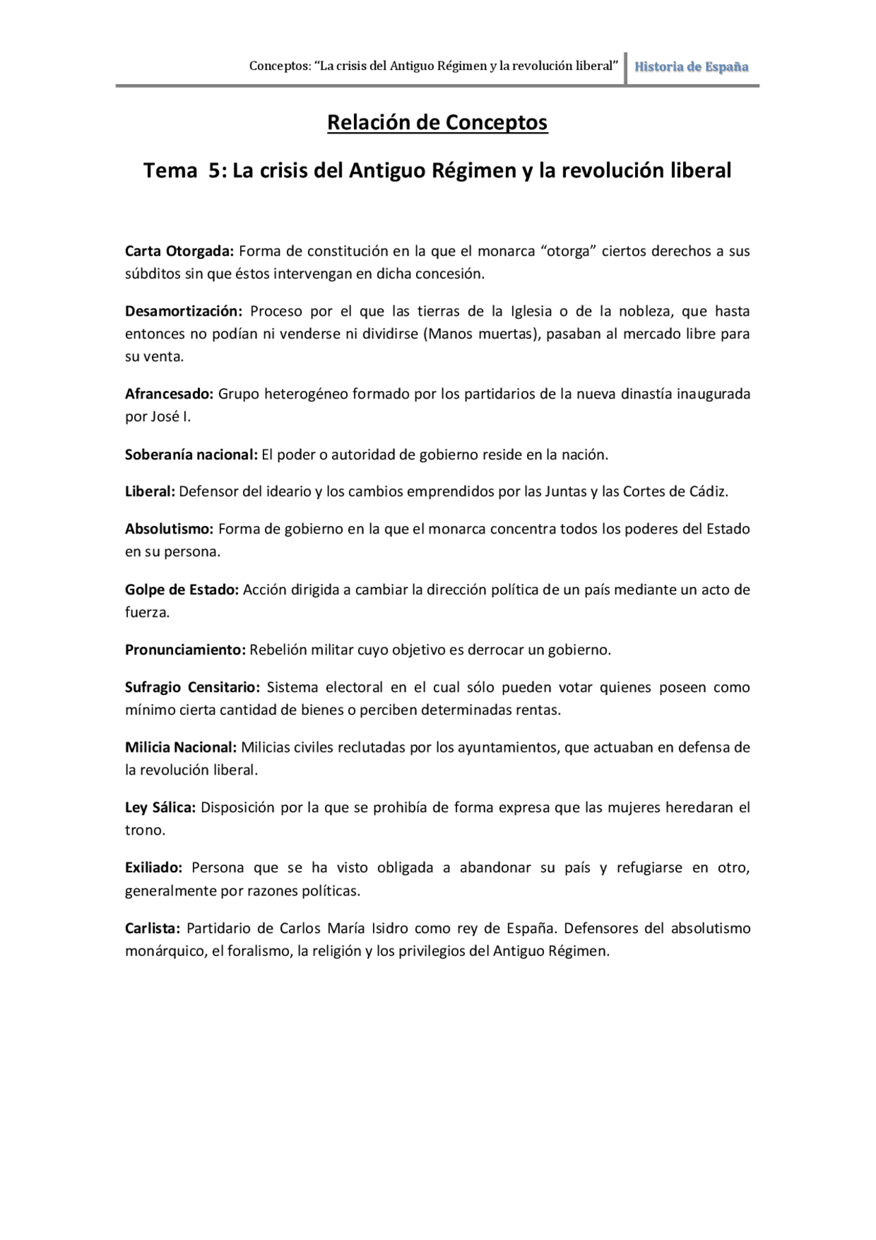 Conceptos Siglo Xix Historia De España 2º Bach Docsity