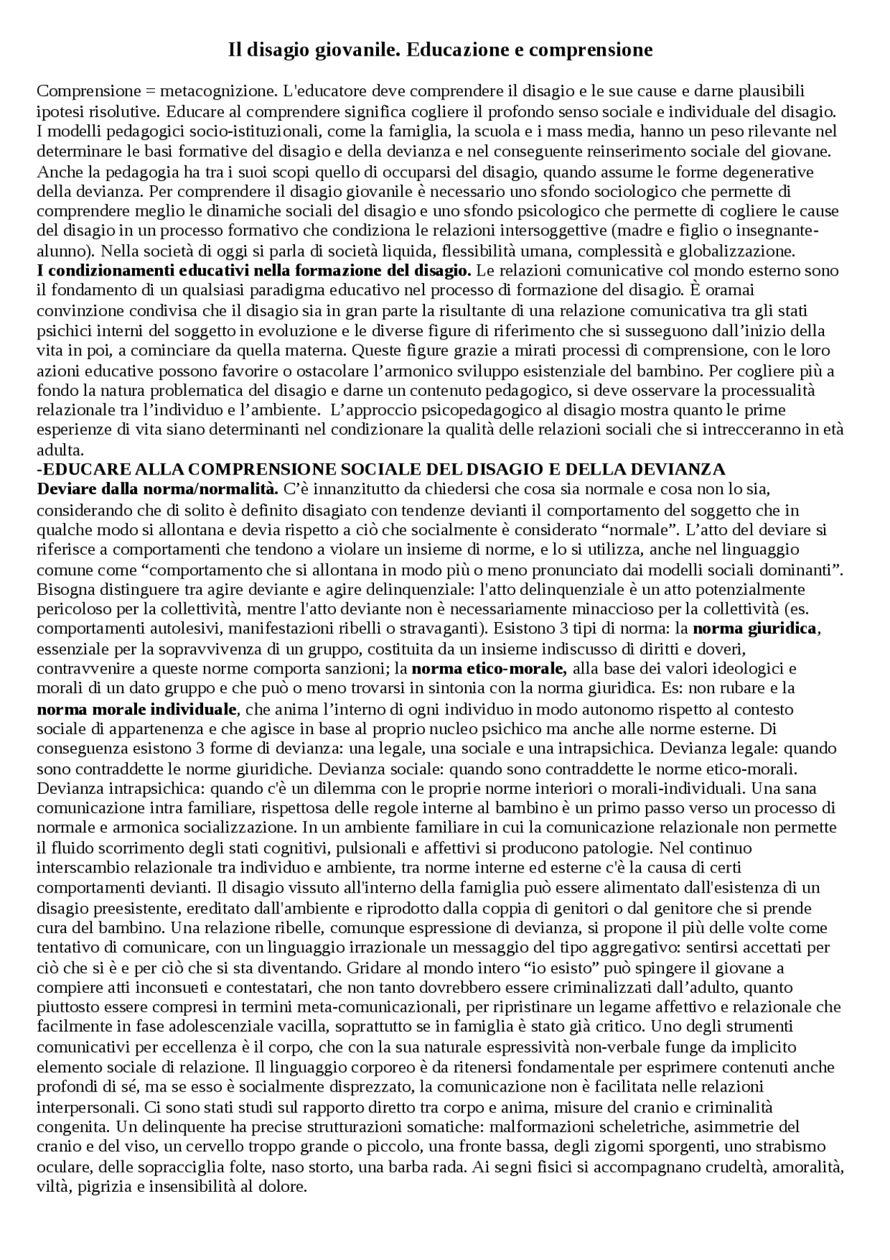 il disagio giovanile | Dispense di Pedagogia Sperimentale | Docsity