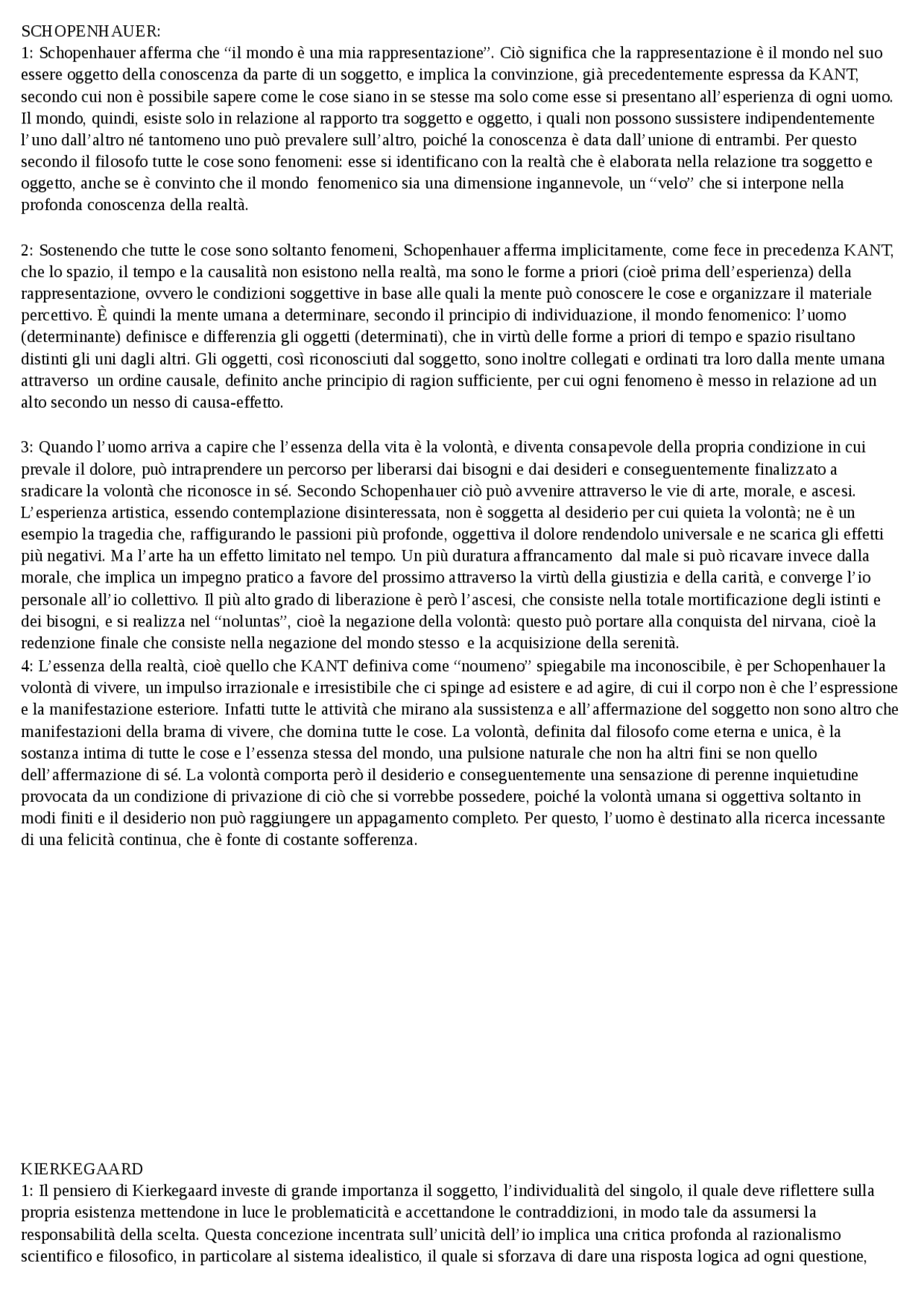 Schopenhauer E Kierkegaard Docsity