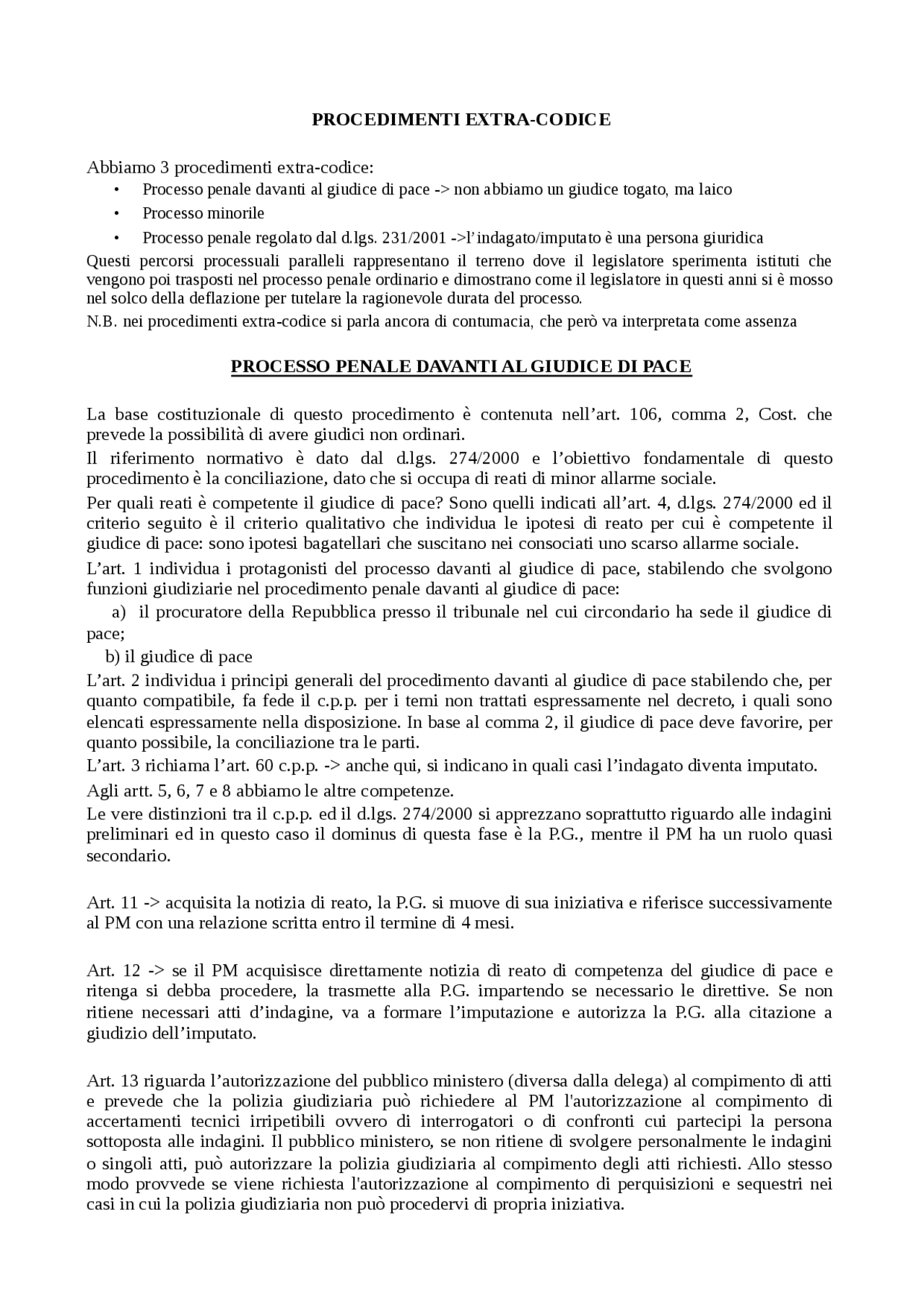 Procedimenti extra-codice del sistema processuale penale - Docsity