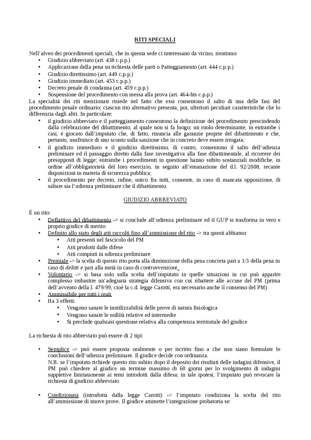 Riti Speciali Di Diritto Processuale Penale Appunti Di Diritto
