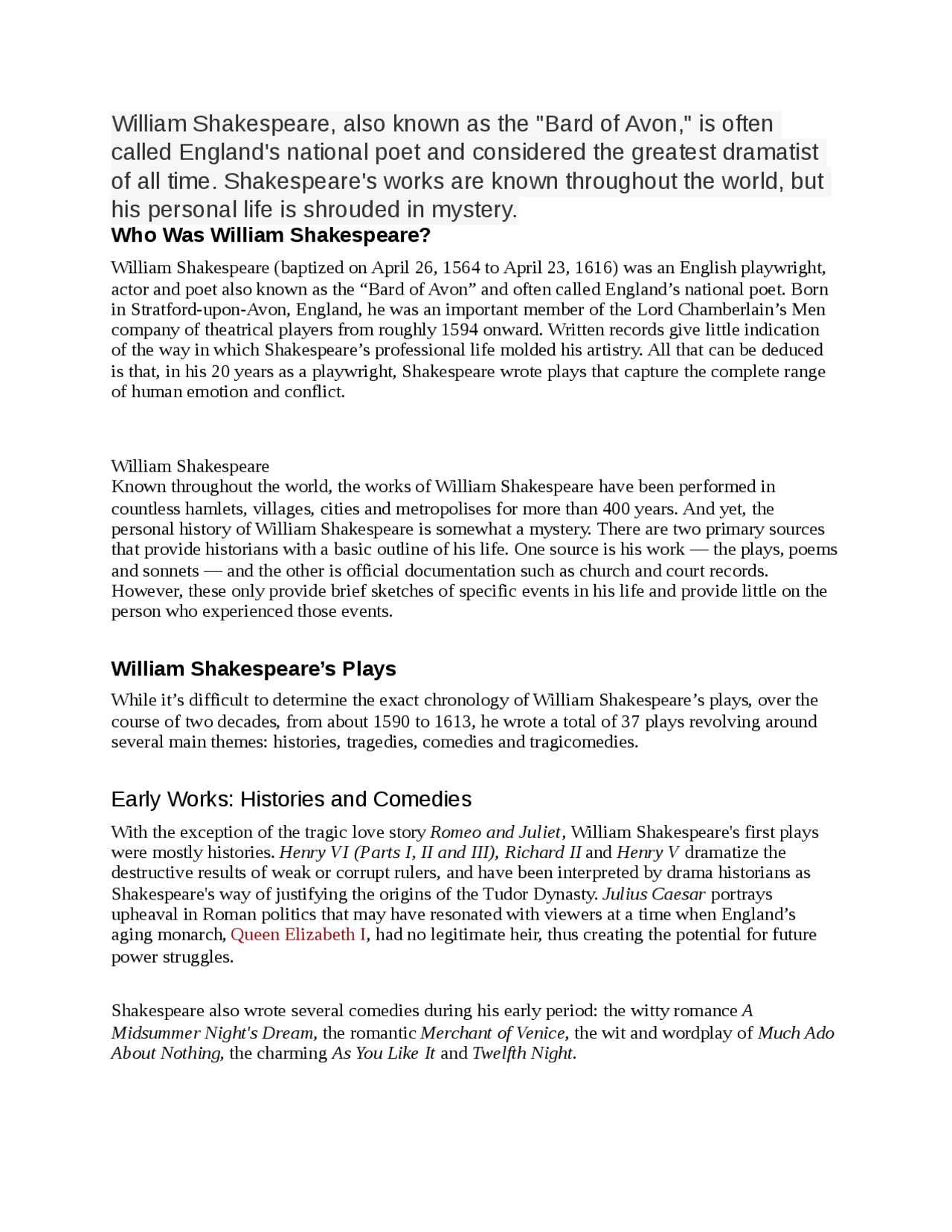 Intro of shakespeare - Docsity