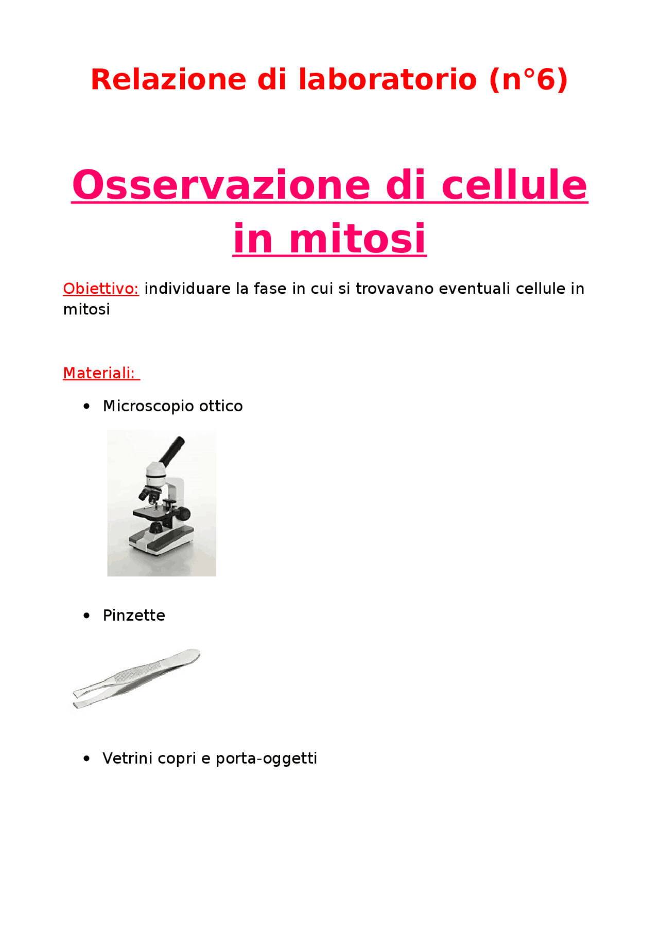 Osservazione Di Cellule In Mitosi Docsity