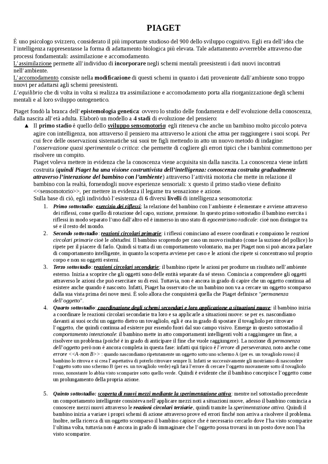Riassunto Psicologia E Piaget Docsity