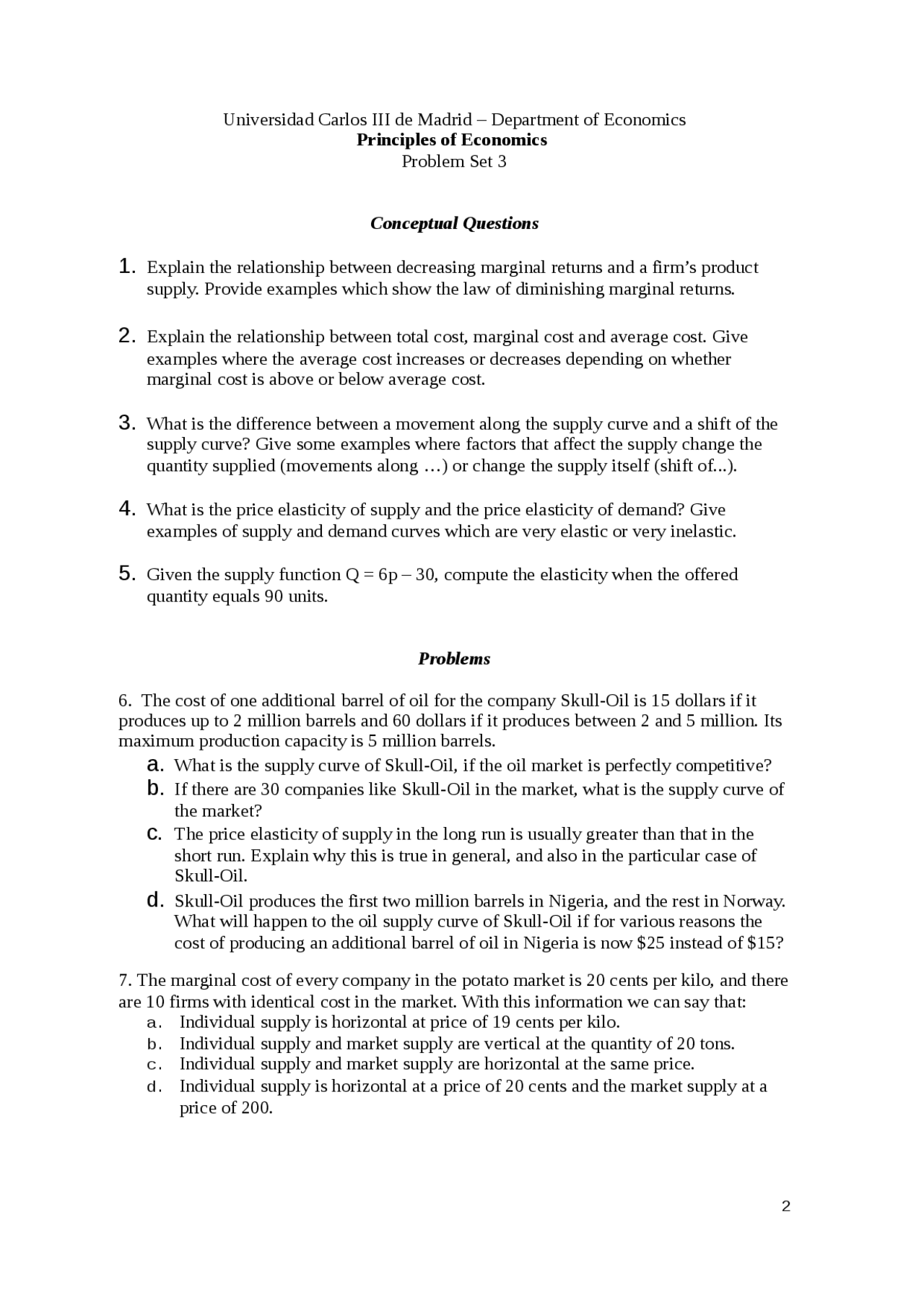 Principles of economics, Problem set 3 | Ejercicios de Economía | Docsity
