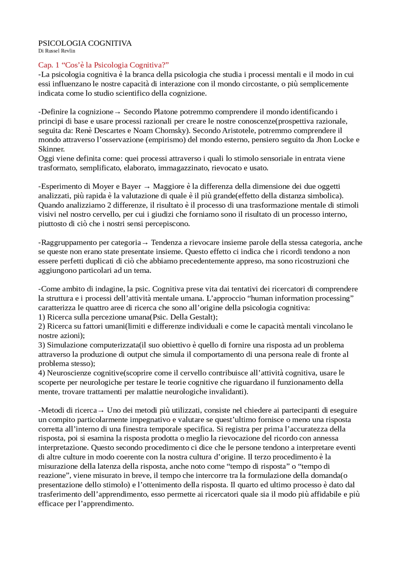 Riassunto Psicologia Cognitiva Revlin Docsity