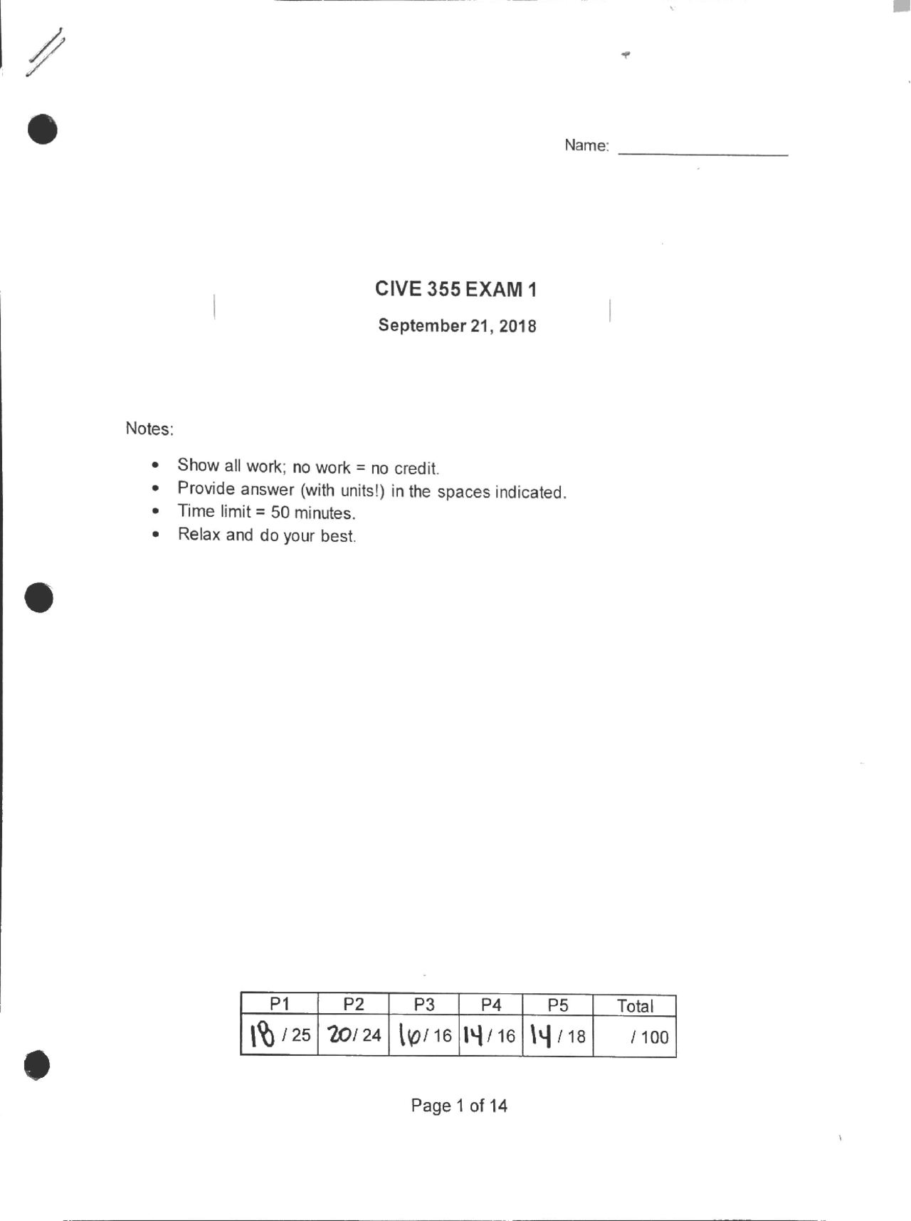 Exam 1 Answer Key Introduction To Geotechnical Engineering Cive 355