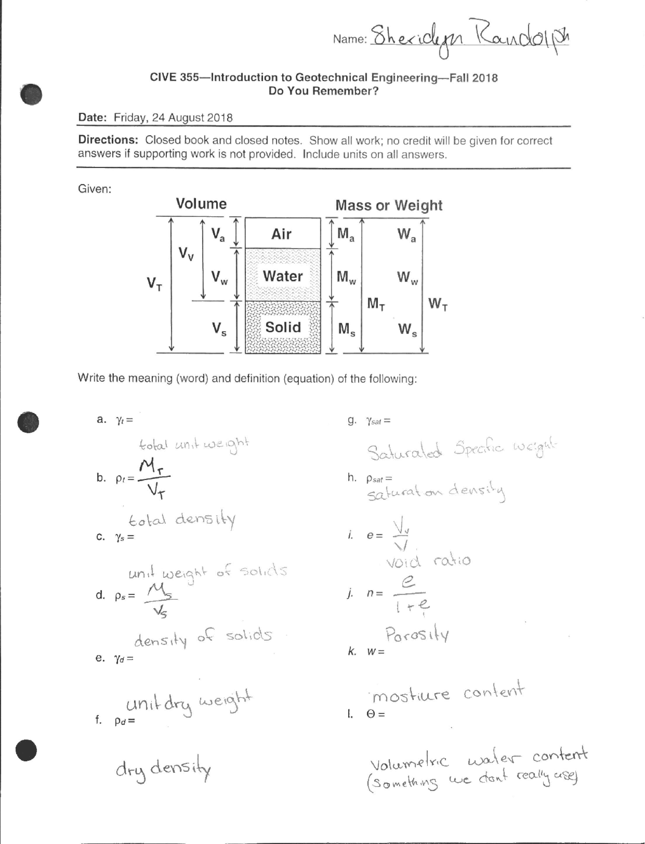 Weight Volume Equations - Handwritten Notes | CIVE 355 - Docsity