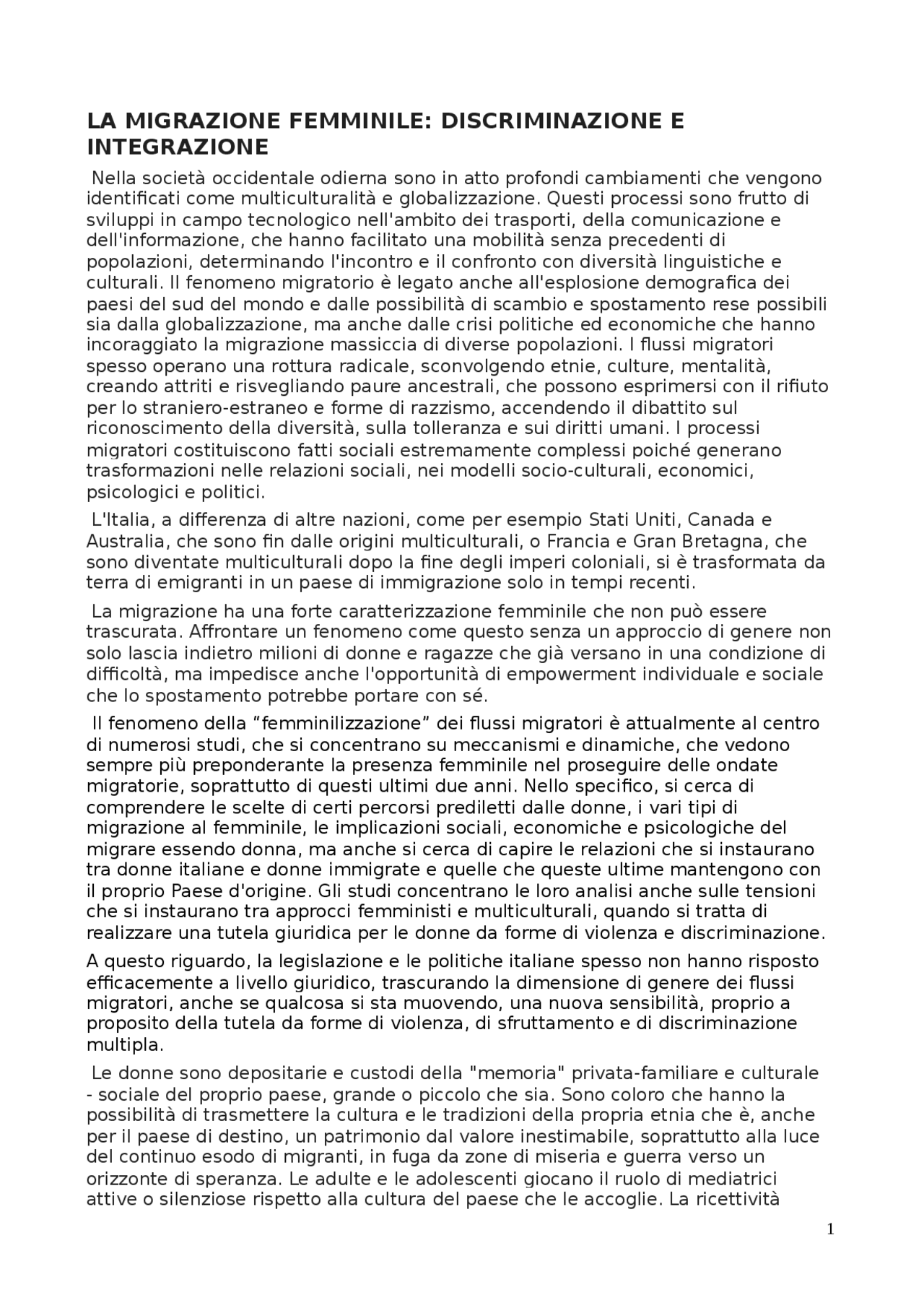 La Migrazione Femminile Docsity