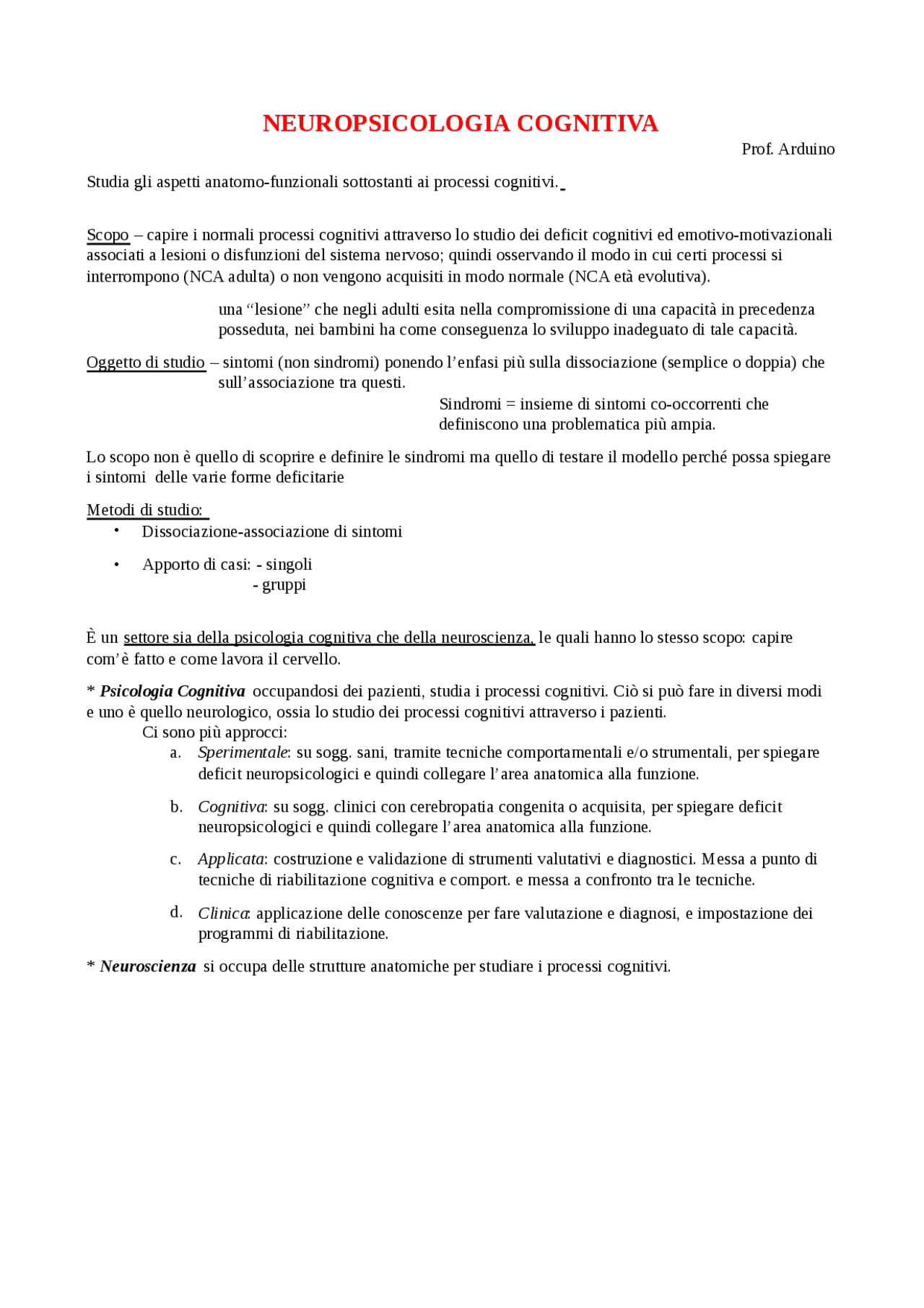 Neuropsicologia Cognitiva Docsity