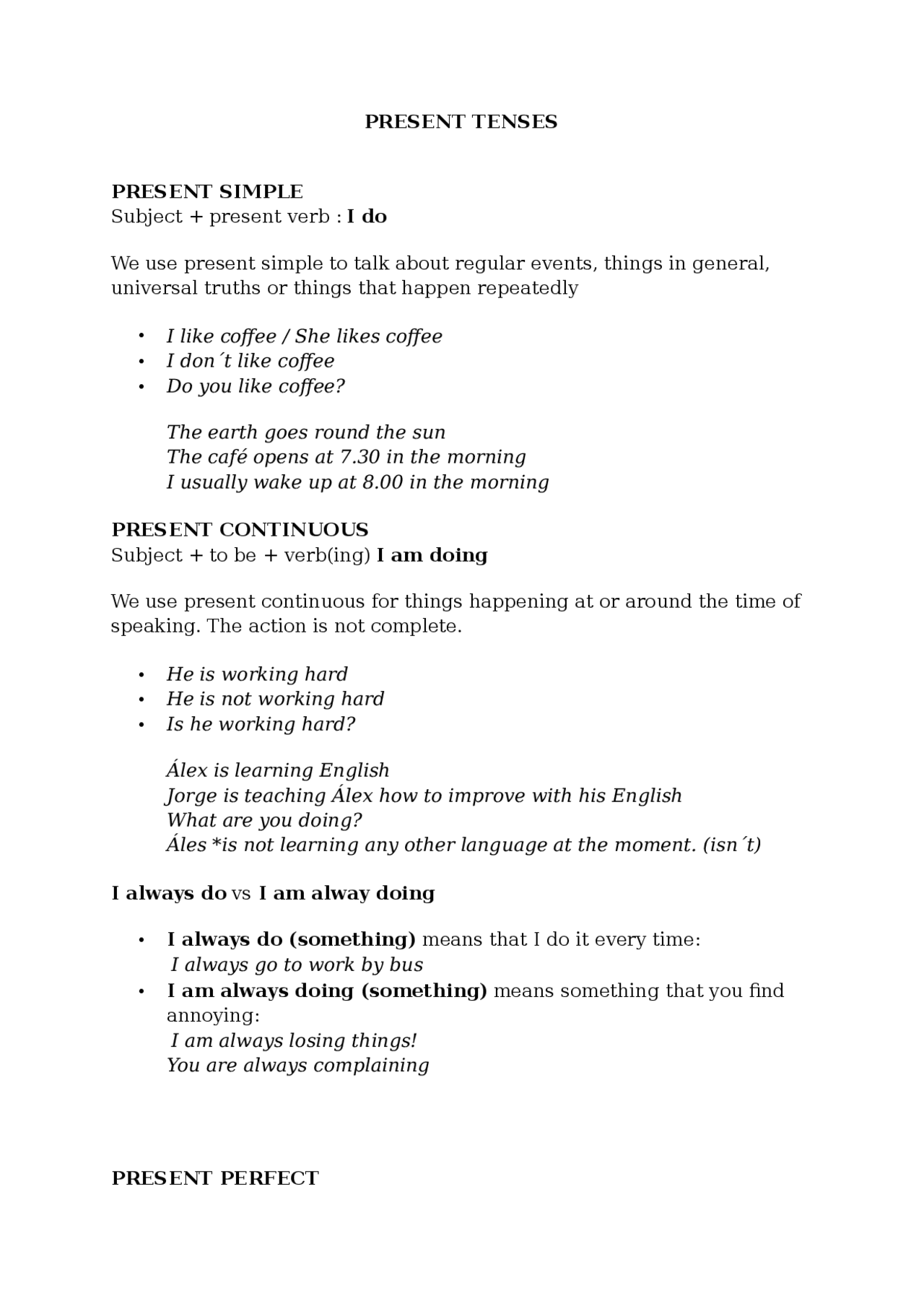 Present Tenses in English - Docsity