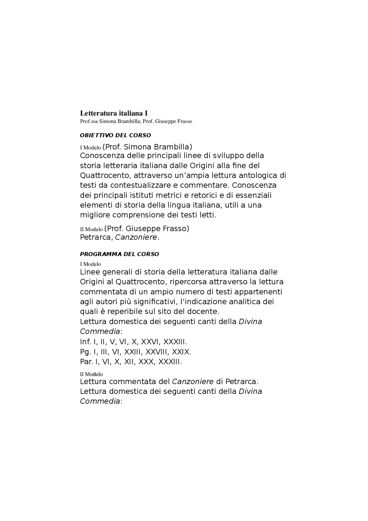 Letteratura italiana I, programmazione | Study notes of Italian ...