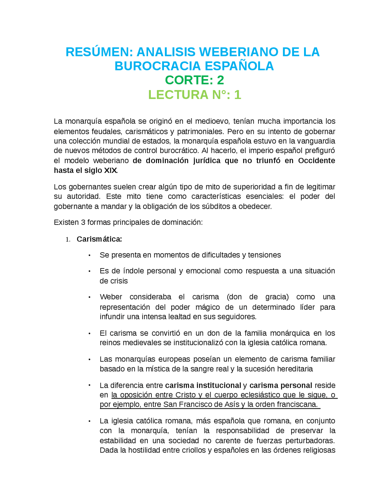 Apartes importantes de la lectura "Análisis Weberiano" - Docsity