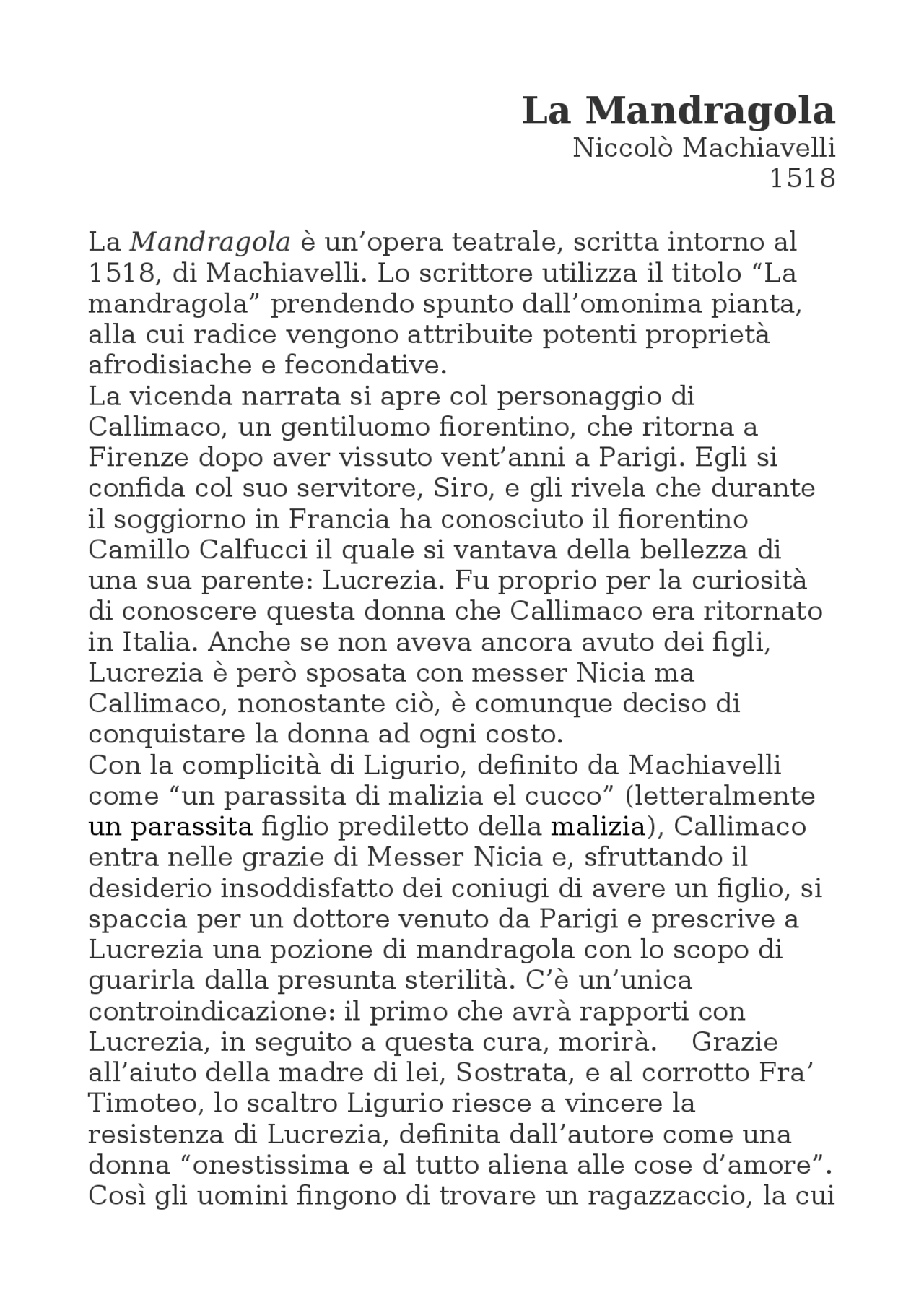 La Mandragola N Machiavelli Docsity