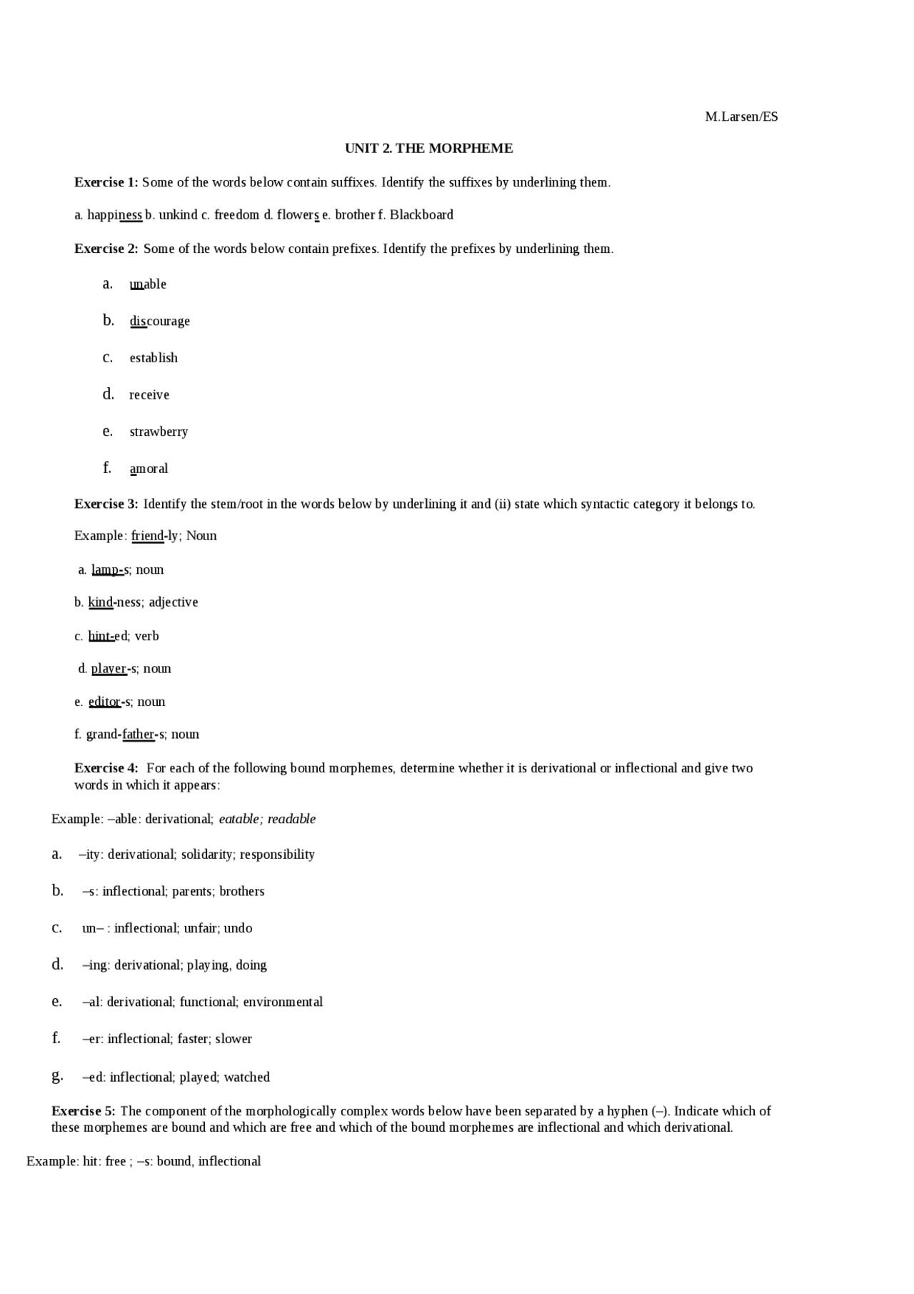 UNIT 2.- EXERCISES MORPHEMES | Ejercicios de Idiomas | Docsity
