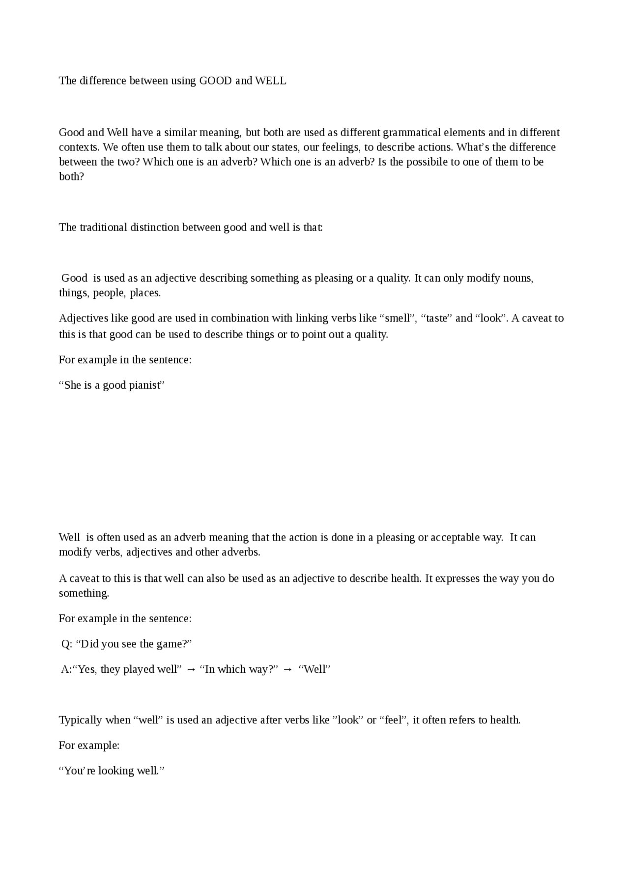 The difference between using GOOD and WELL - Docsity