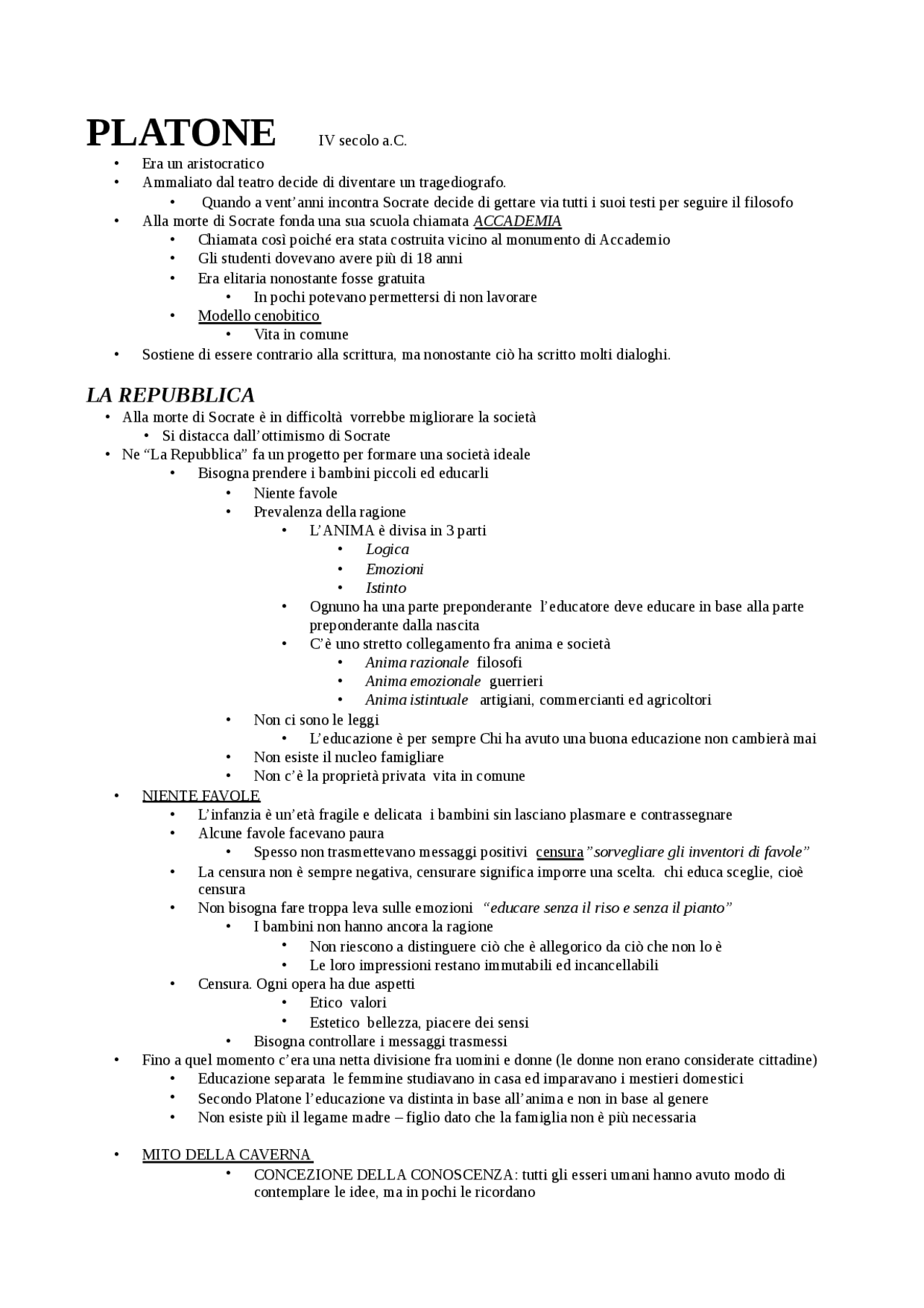 Storia della pedagogia, Platone - Docsity