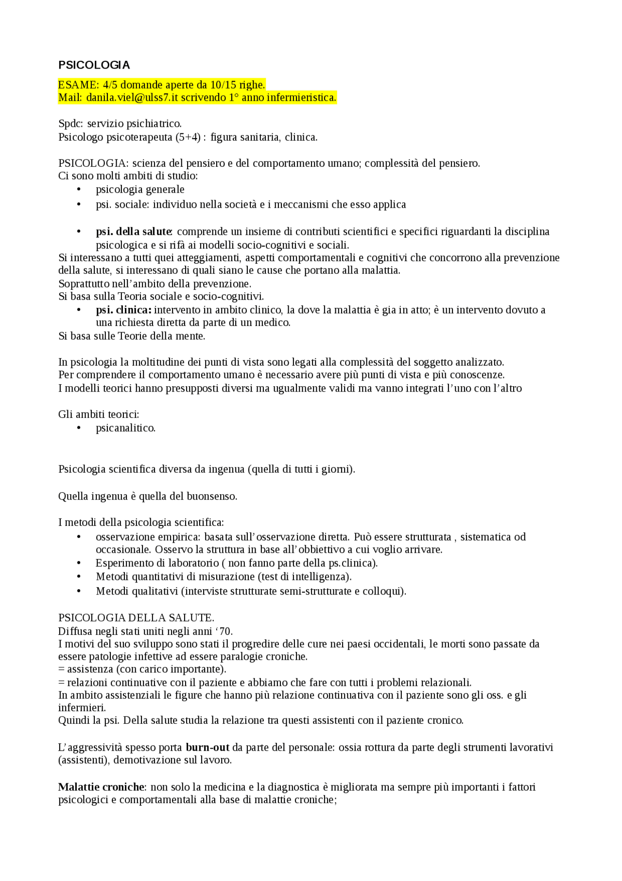 Psicologia Infermieristica Docsity
