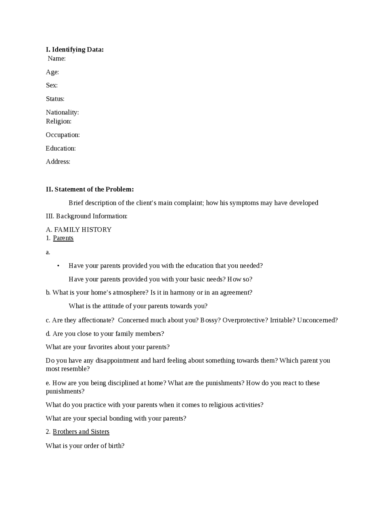 Personal History and Family Background Interview Guide | Essays (high ...